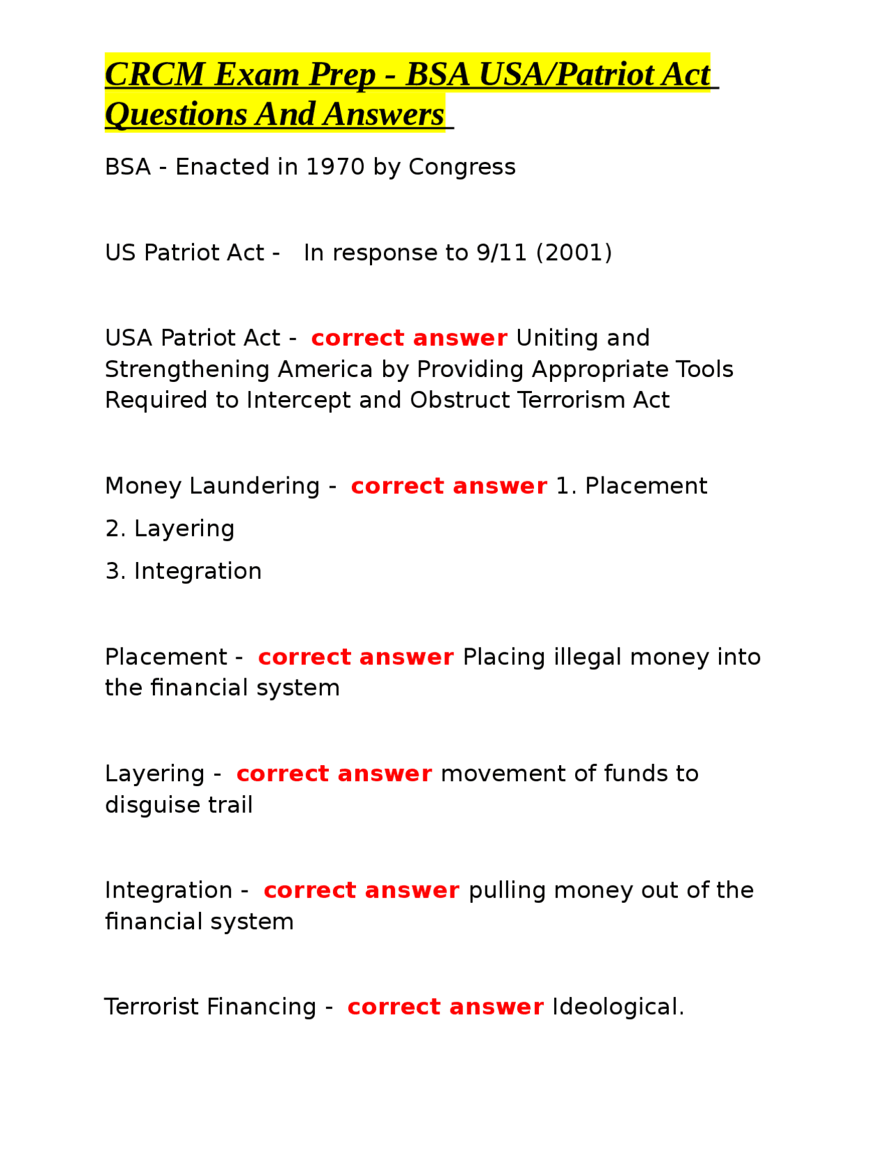 CRCM Exam Prep - BSA USA/Patriot Act Questions And Answers | Exams ...