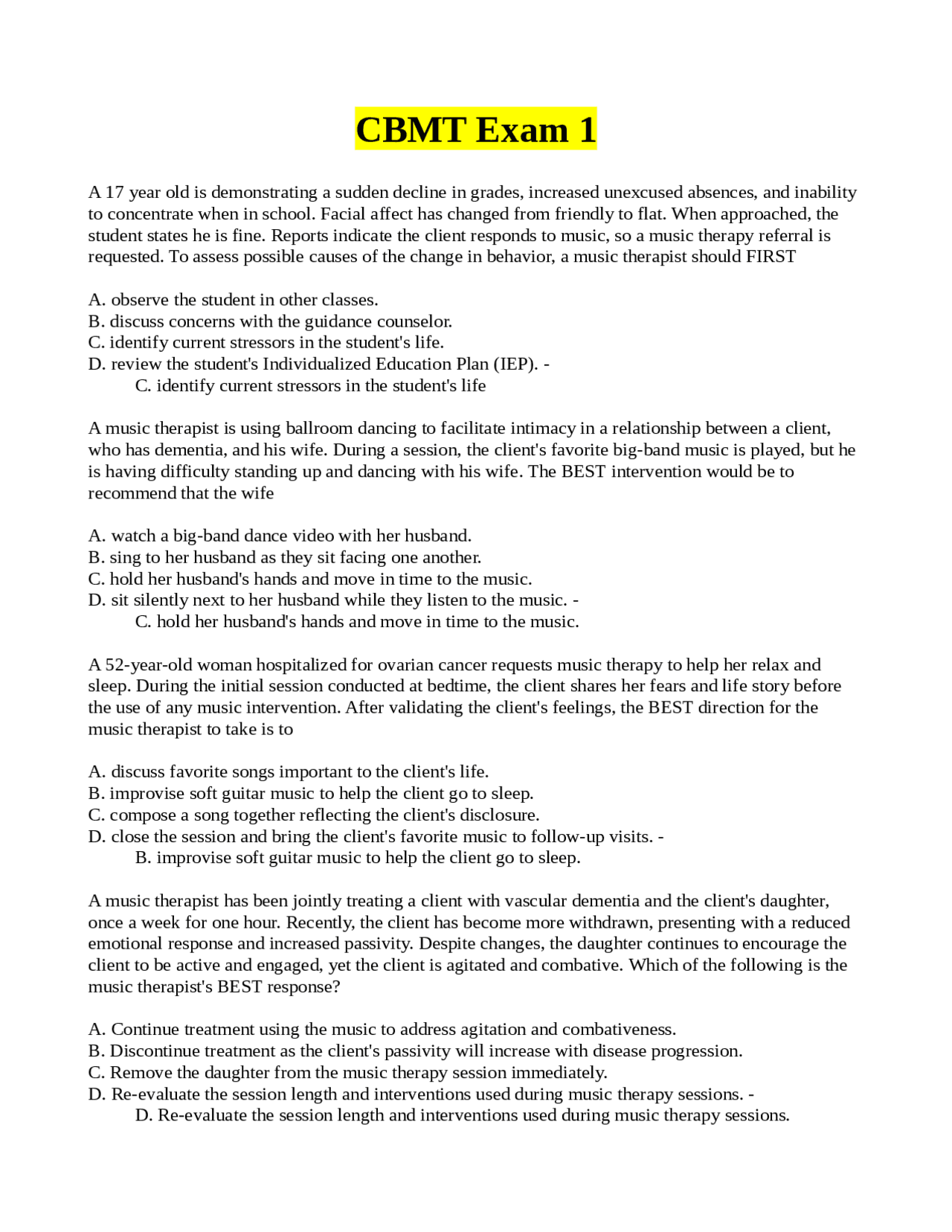 Music Therapy Exam Questions and Answers | Exams Psychology | Docsity