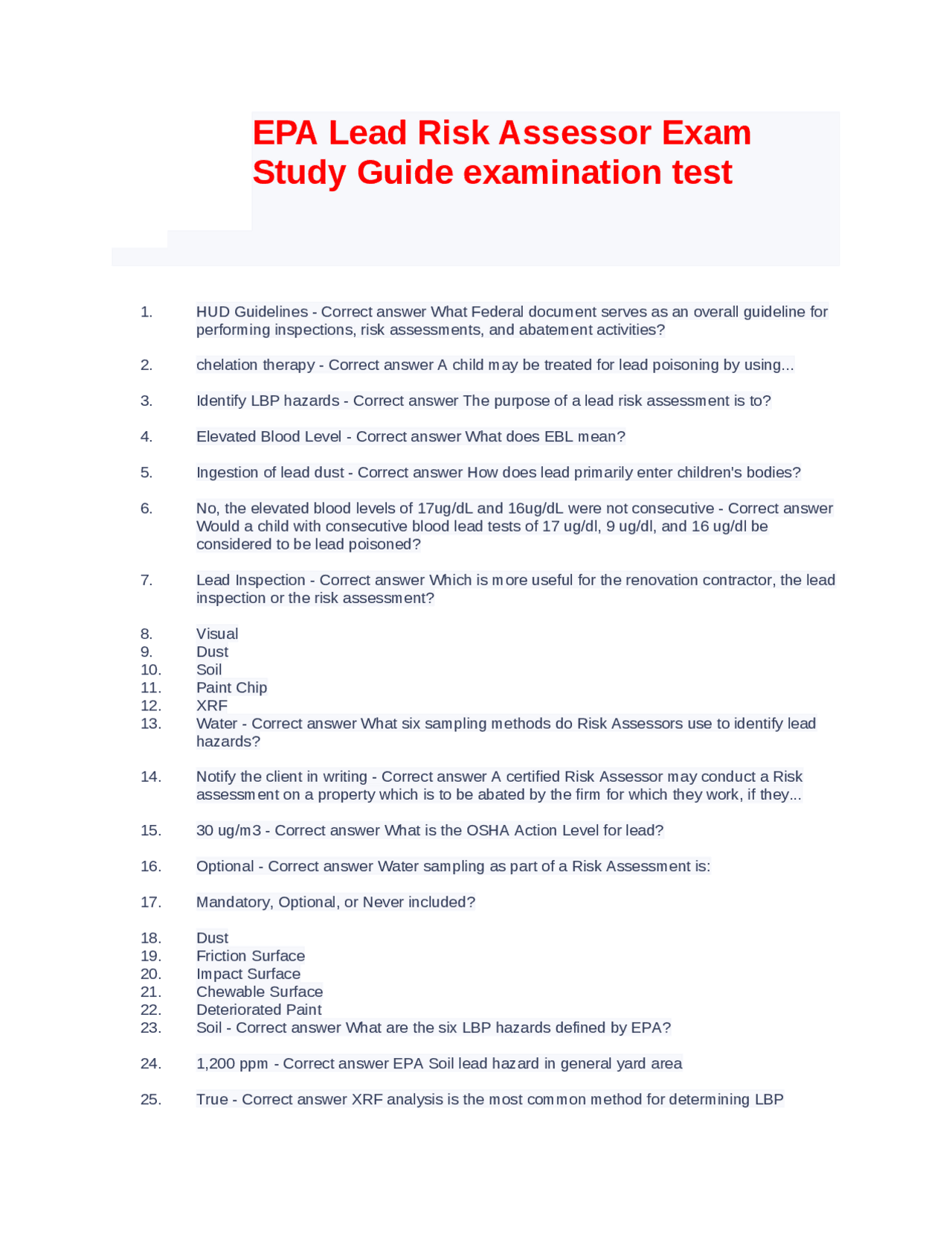EPA Lead Risk Assessor Exam Study Guide | Exams Medicine | Docsity