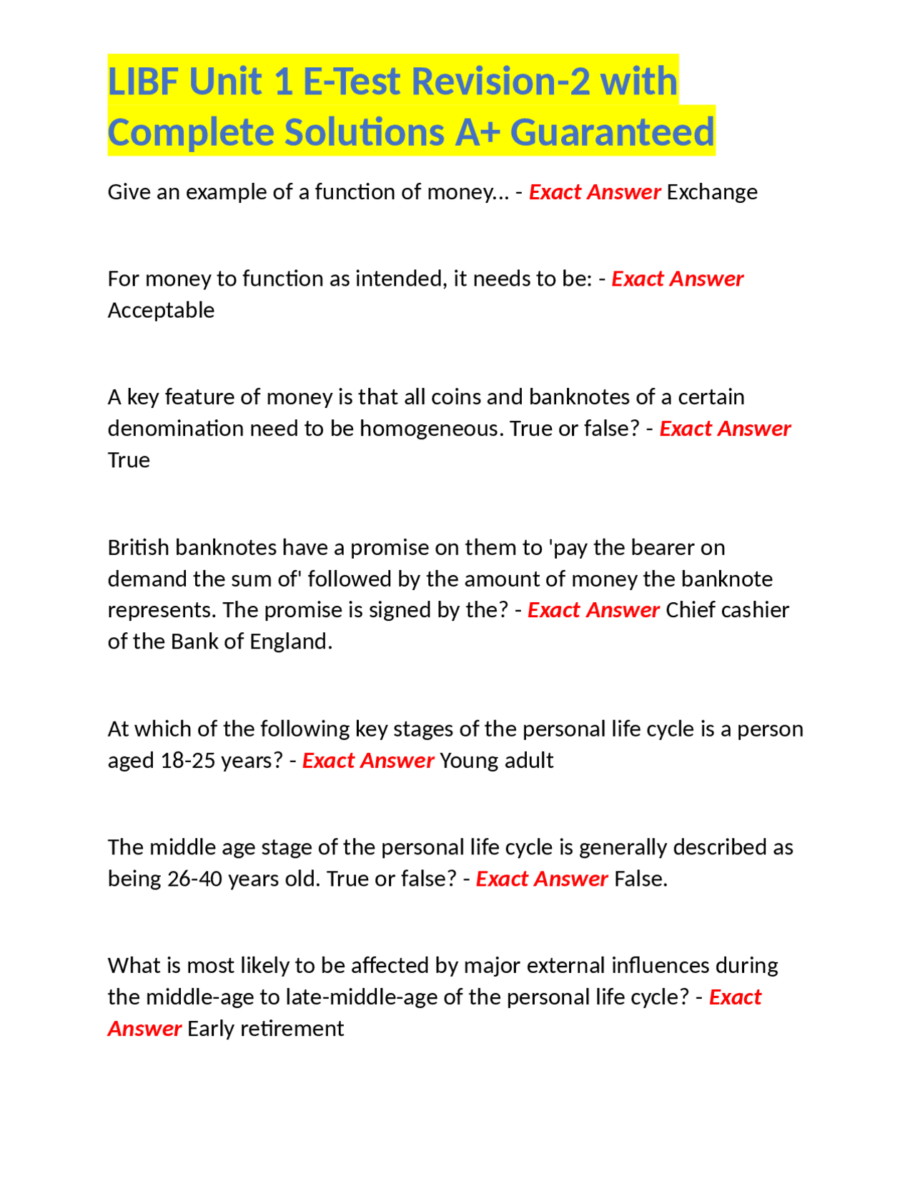 Revision for LIBF Unit 1 E-Test | Exams Nursing | Docsity