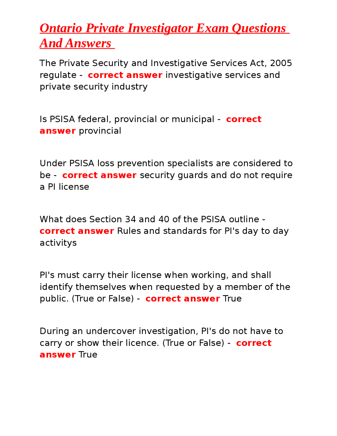 Ontario Private Investigator Exam Questions and Answers | Exams Private ...