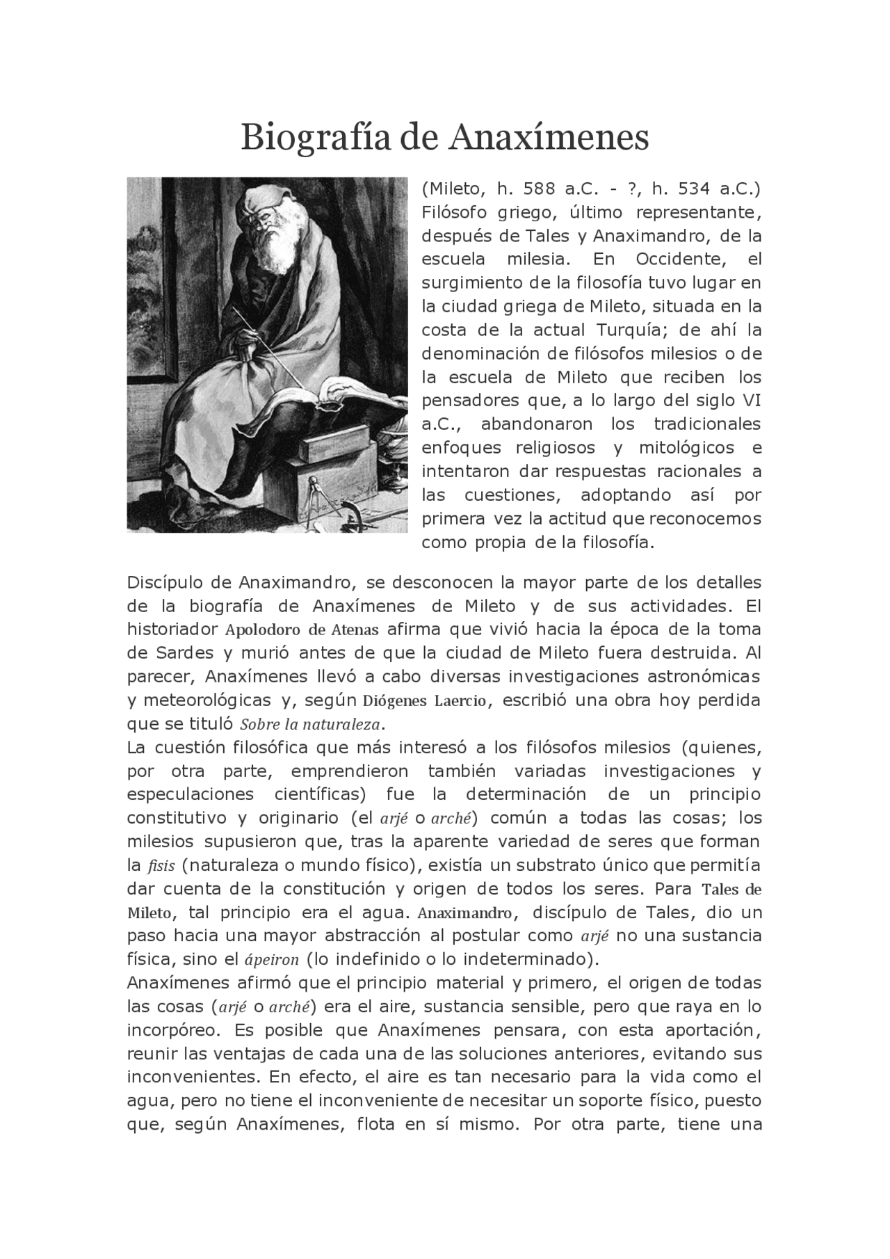 Biografía de Anaxímenes | Monografías, Ensayos de Historia | Docsity