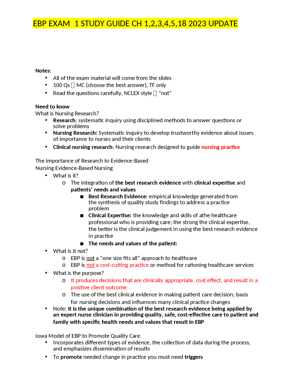 EBP Exam 1 Study Guide | Exams Nursing | Docsity