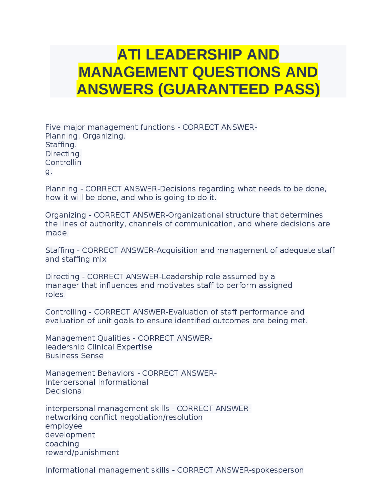 ATI LEADERSHIP AND MANAGEMENT QUESTIONS AND ANSWERS (GUARANTEED PASS ...