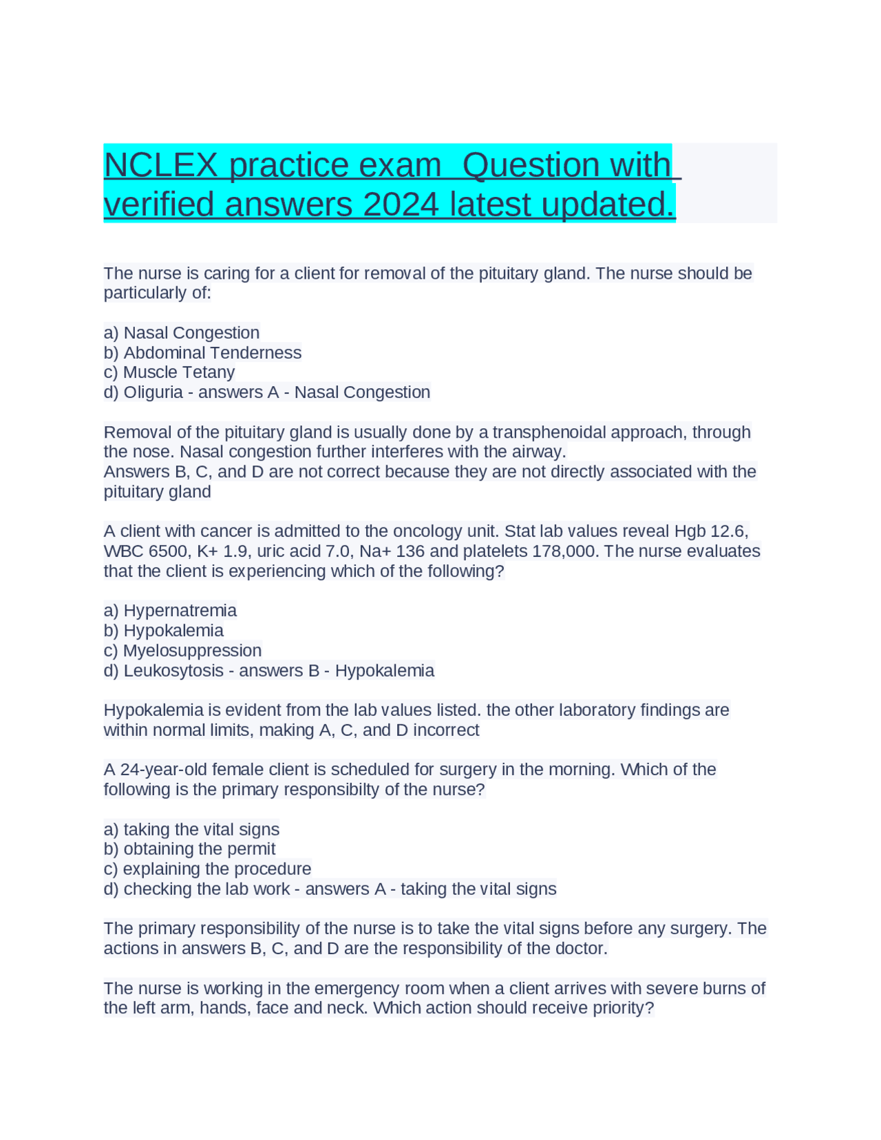 NCLEX practice exam Question with verified answers 2024 latest updated ...