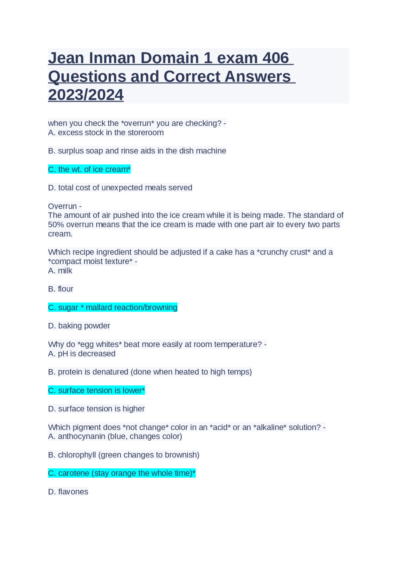 Jean Inman Domain 1 exam 406 Questions and Correct Answers 2023/2024 ...