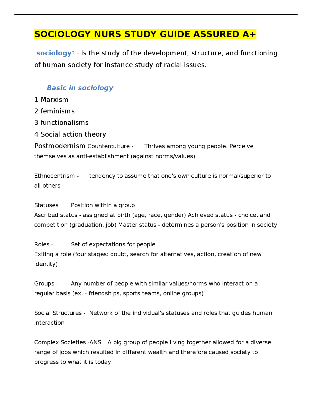 Sociology Study Guide | Study notes Nursing | Docsity