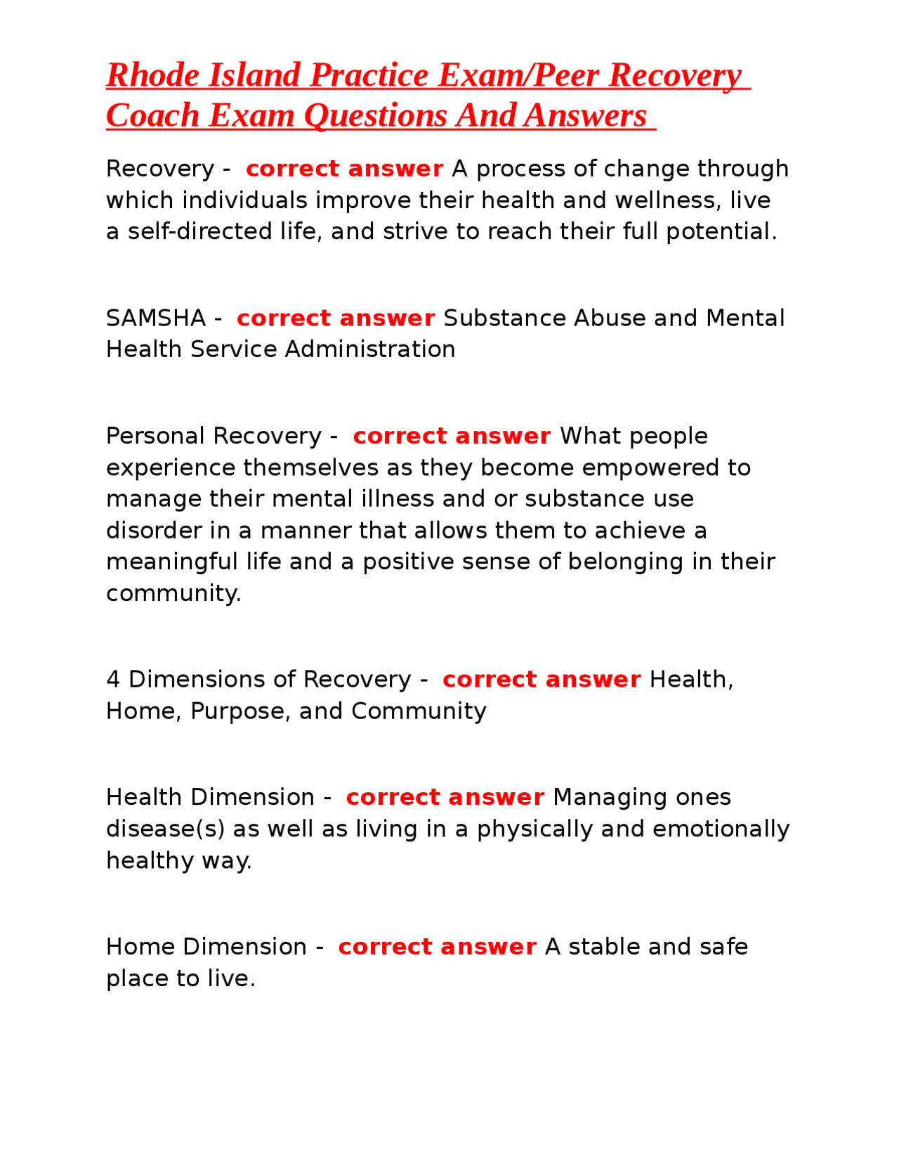 Rhode Island Practice Exam/Peer Recovery Coach Exam Questions And ...