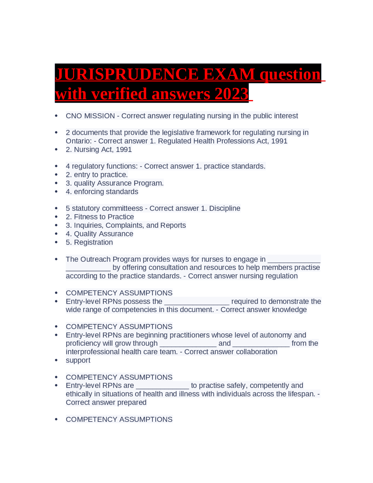 Jurisprudence Exam Questions and Answers | Exams Nursing | Docsity