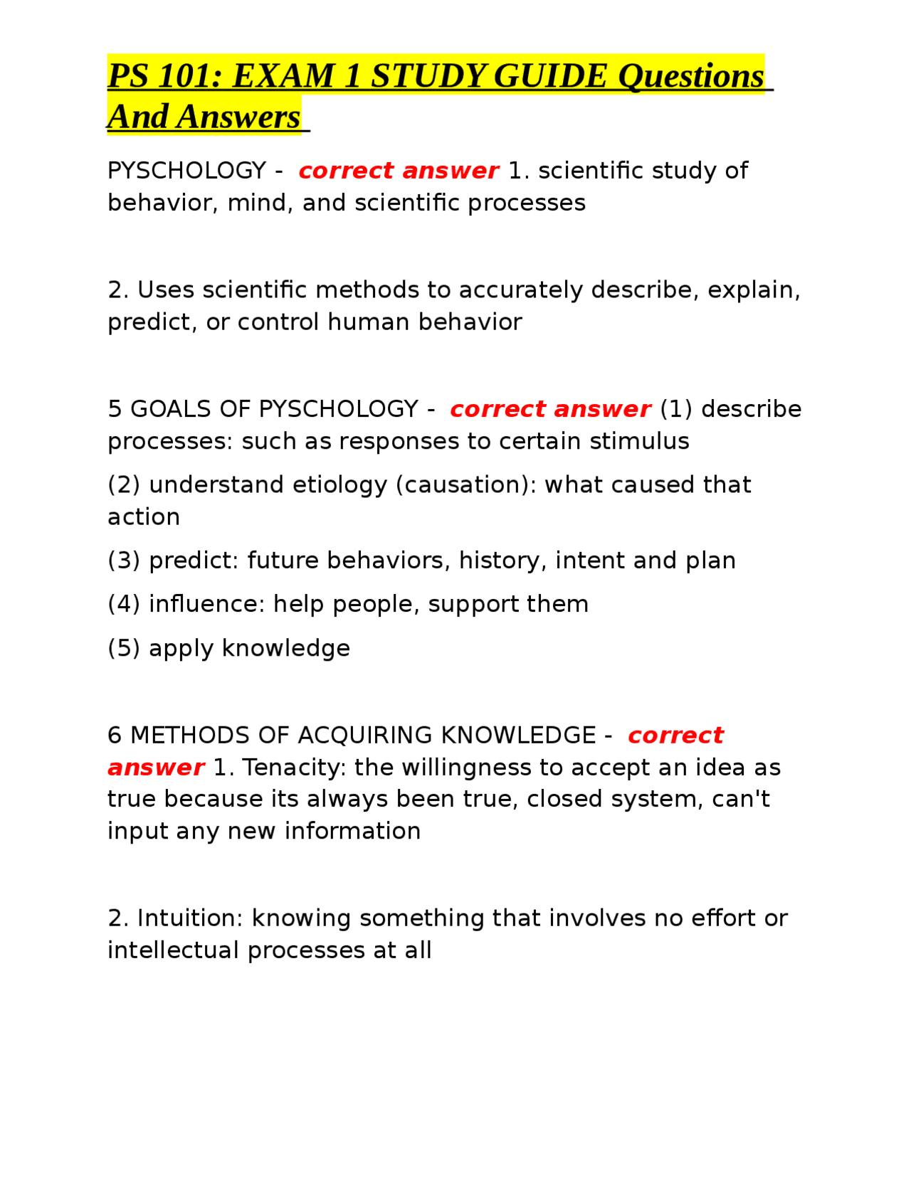 PS 101: EXAM 1 STUDY GUIDE Questions And Answers | Exams Psychology and ...