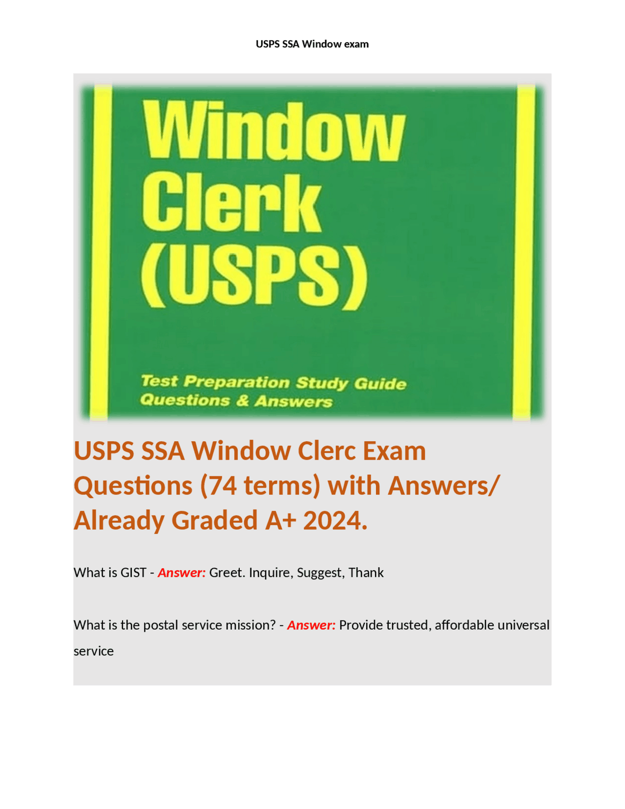 USPS SSA Window Clerc Exam Questions | Exams Nursing | Docsity