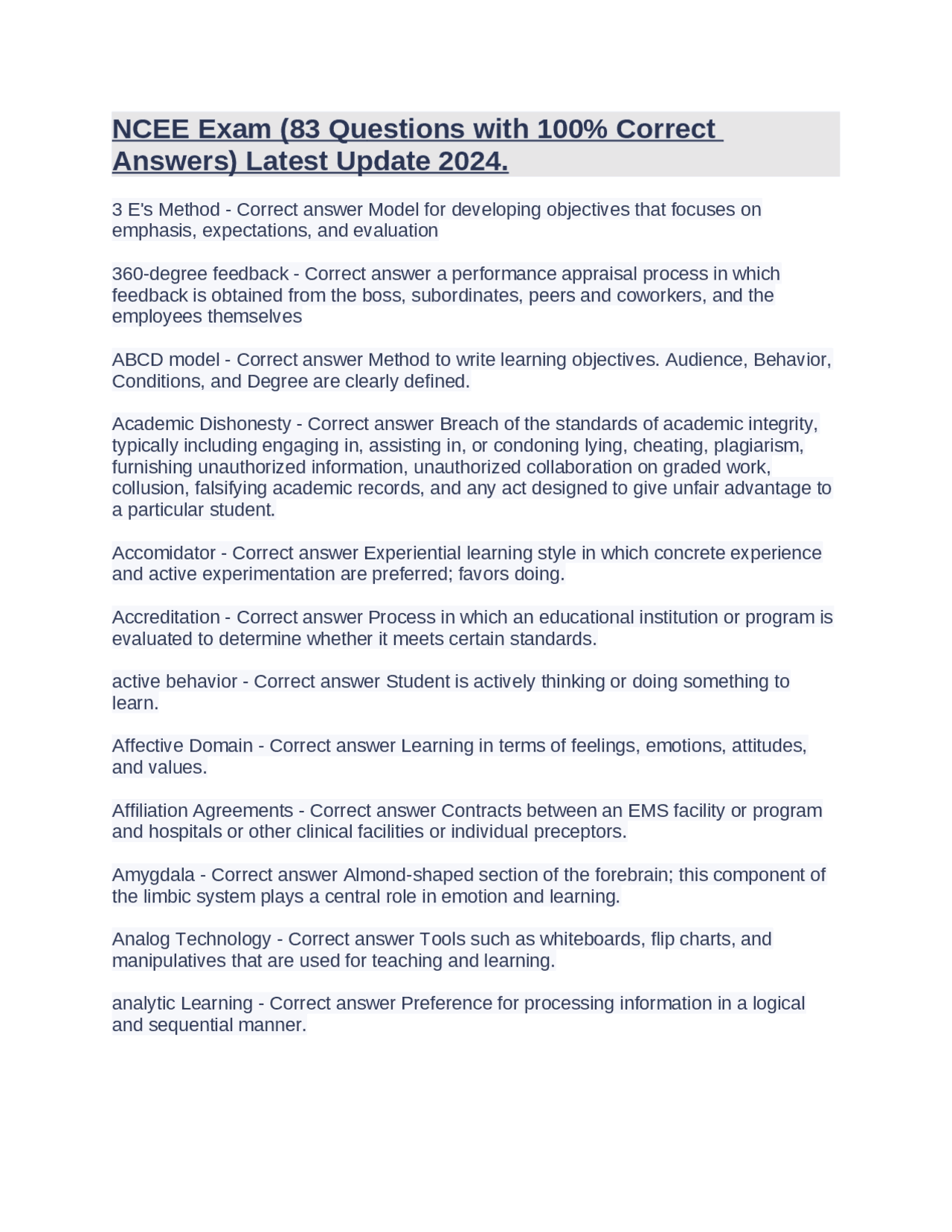 NCEE Exam (83 Questions with 100% Correct Answers) Latest Update 2024 ...