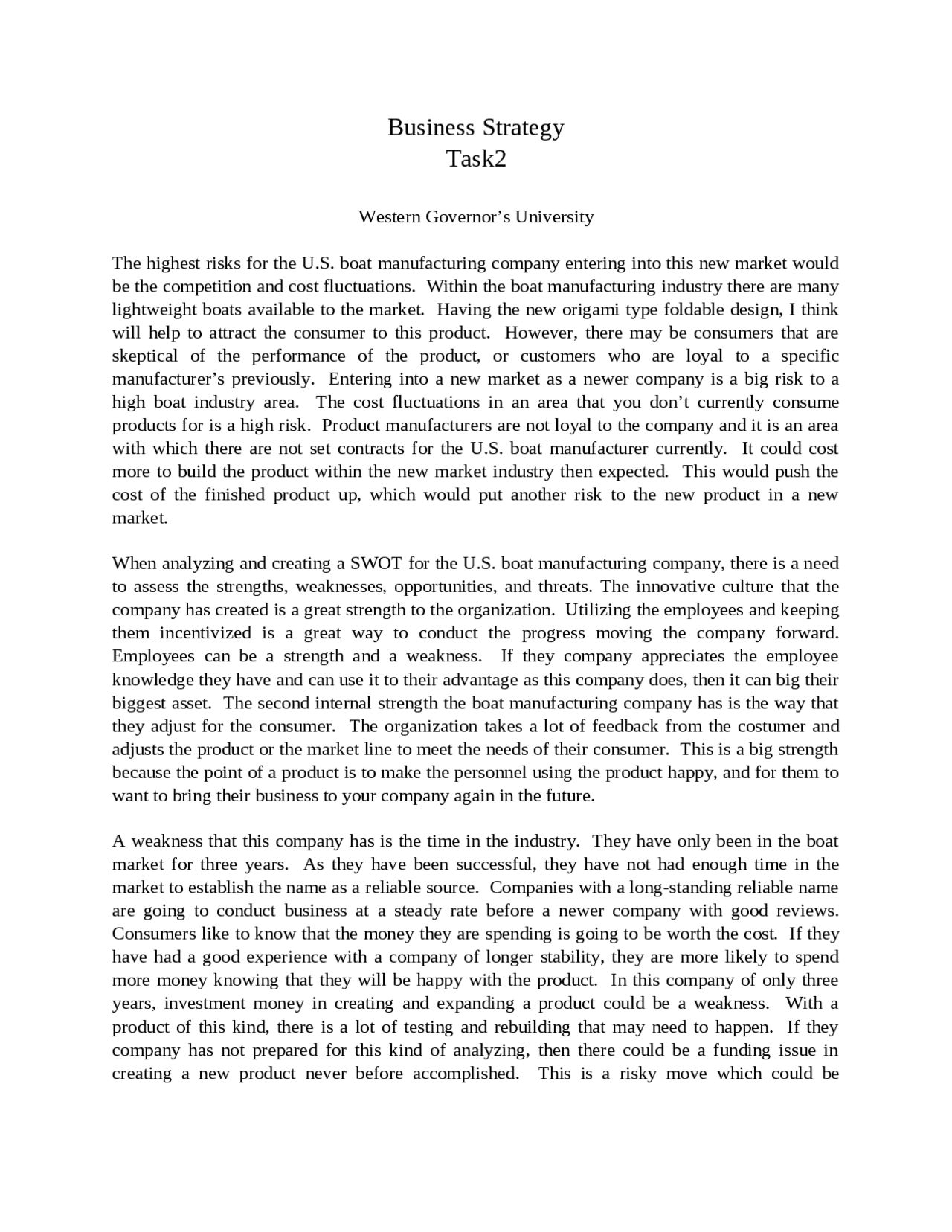 Risks and SWOT Analysis for a U.S. Boat Manufacturing Company Entering ...