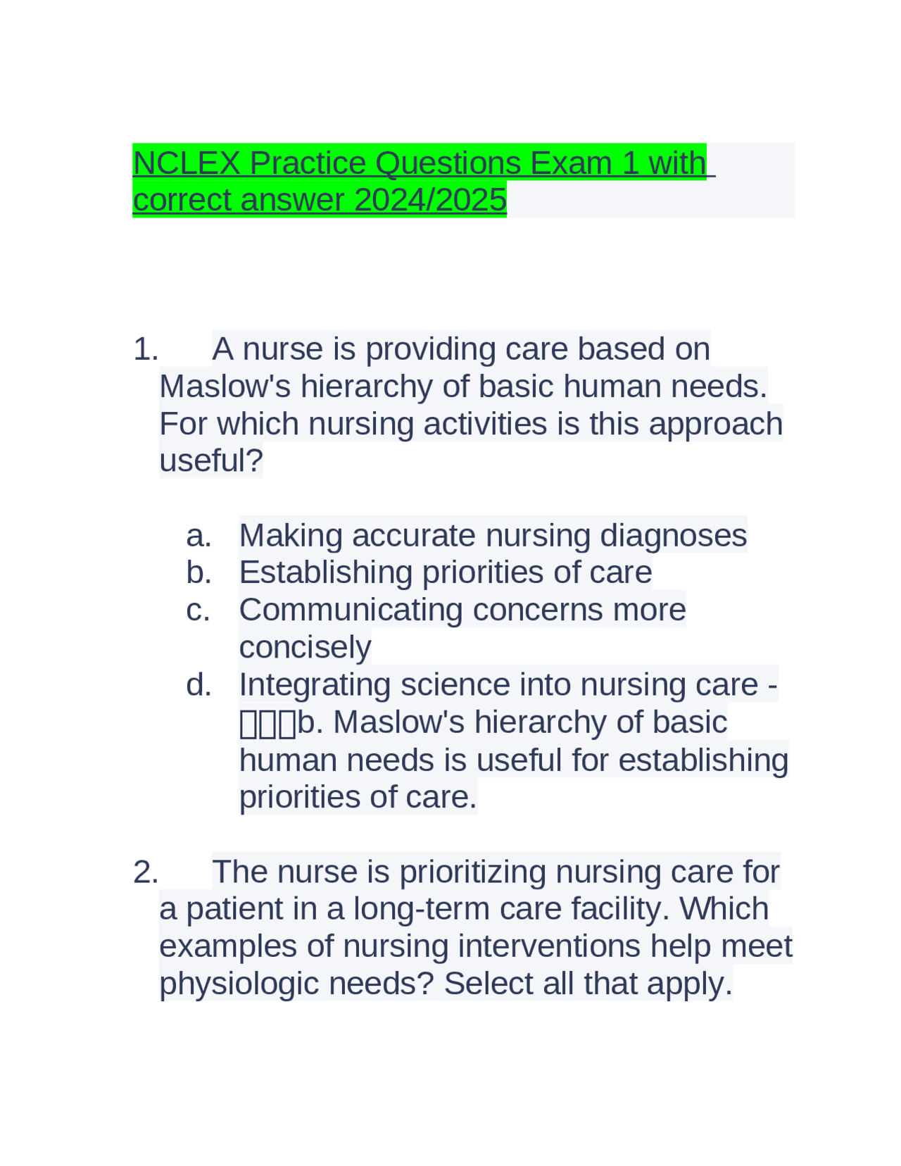 NCLEX Practice Questions Exam 1 with correct answer 2024/2025 | Exams ...