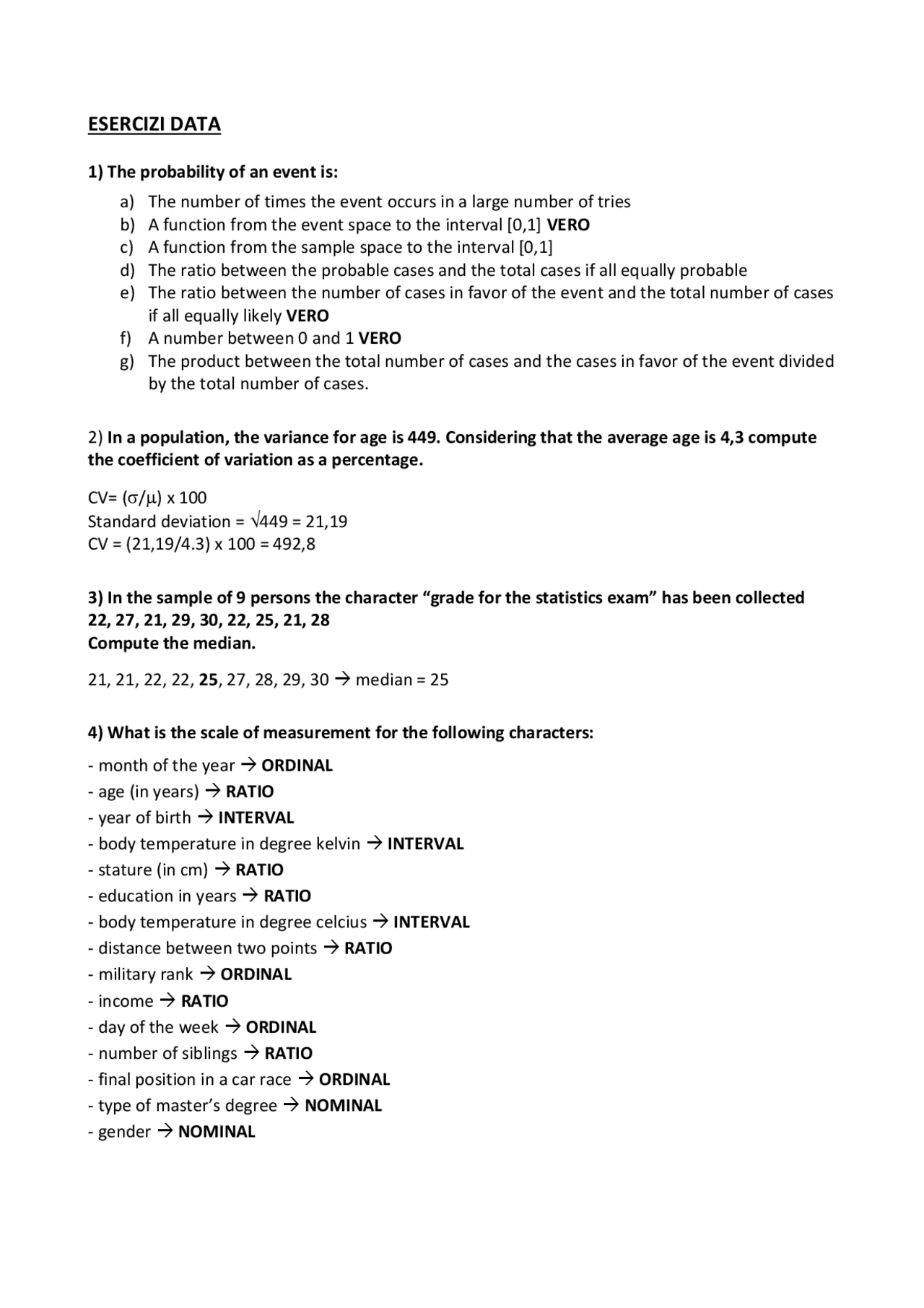 Esercizi per esame Data Analysis | Prove d'esame di Analisi Dei Dati | Docsity