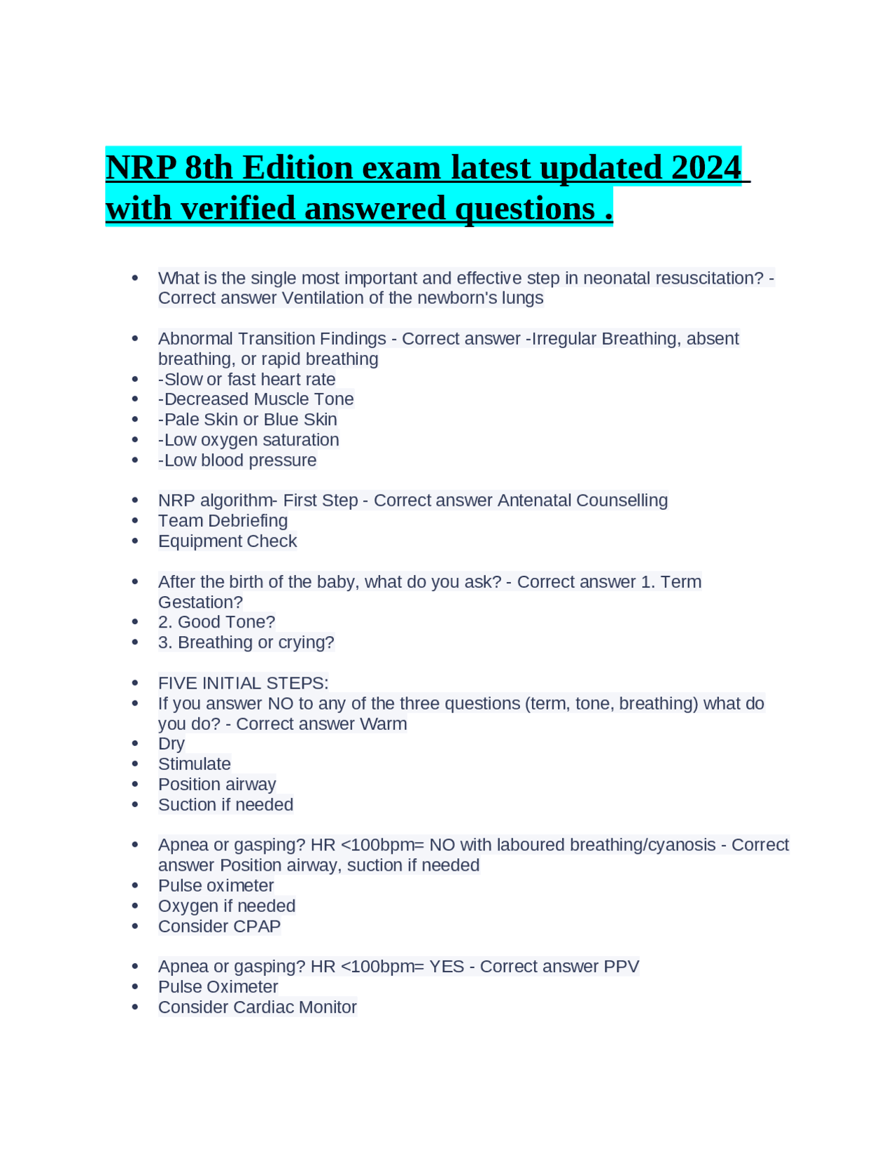 NRP 8th Edition exam latest updated 2024 with verified answered ...