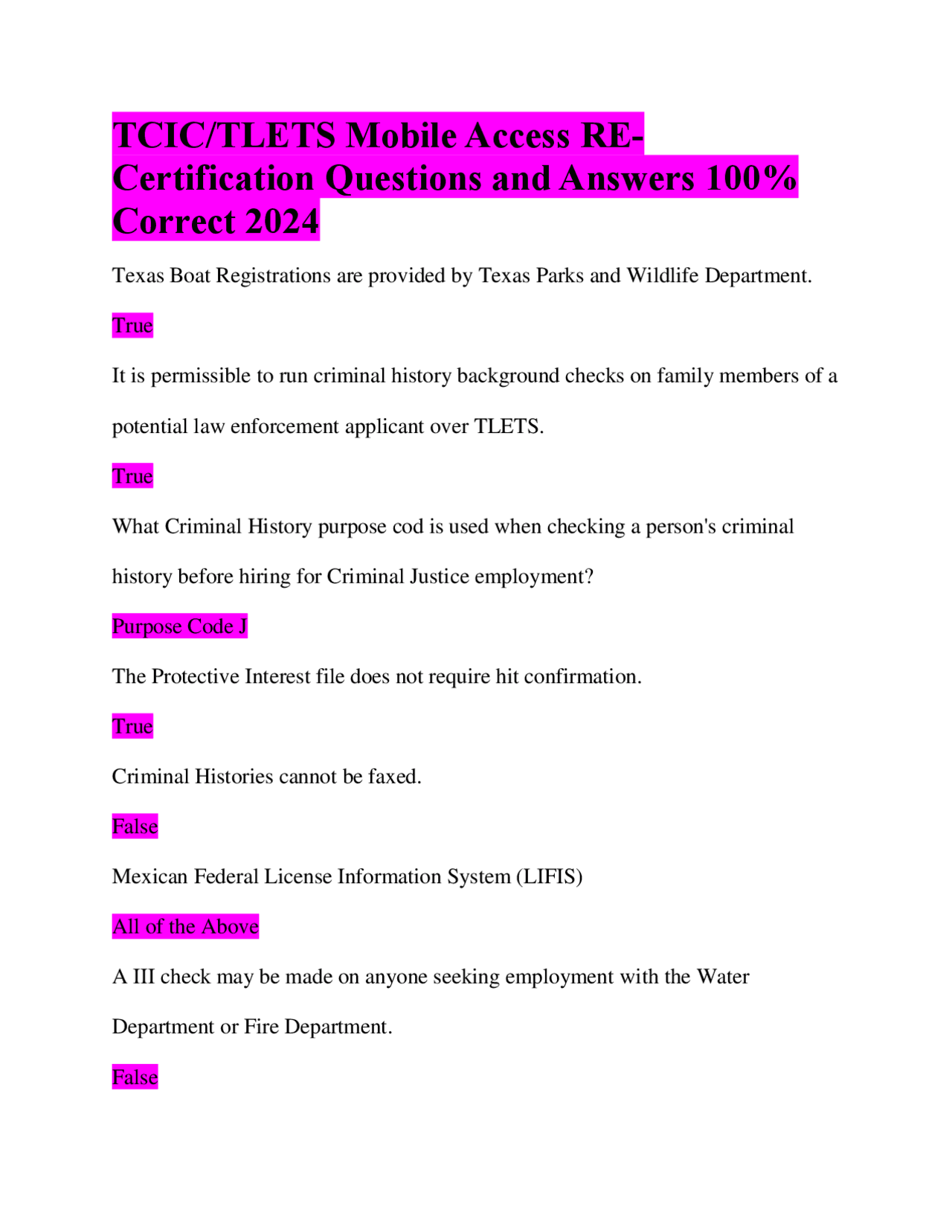 TCIC/TLETS Mobile Access RE-Certification Questions and Answers 100% ...