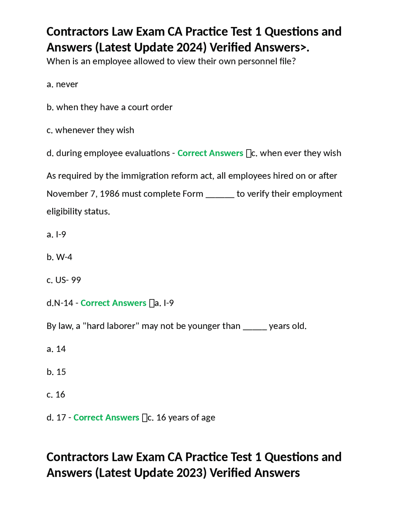 Contractors Law Exam CA Practice Test 1 Questions and Answers (Latest ...