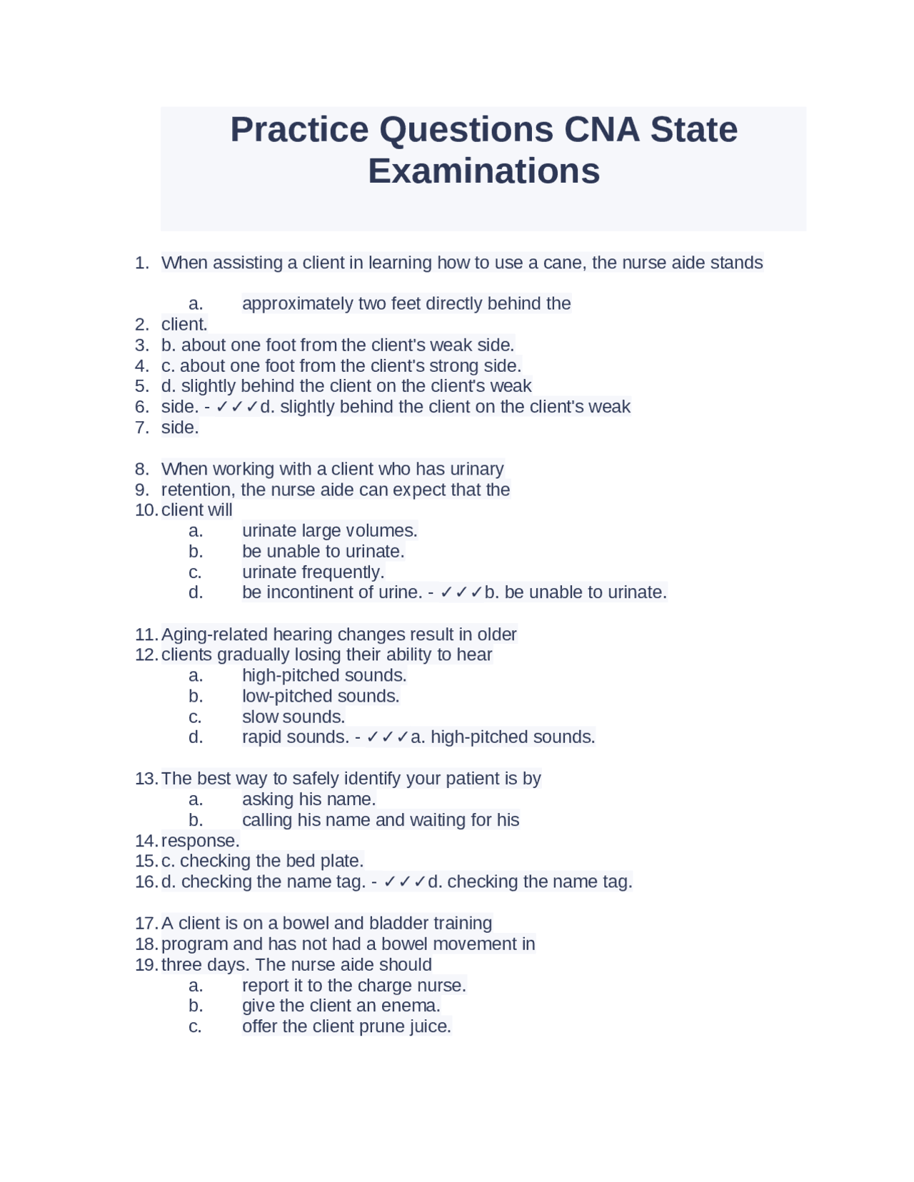 Practice Questions CNA State Examinations | Exams Nursing | Docsity