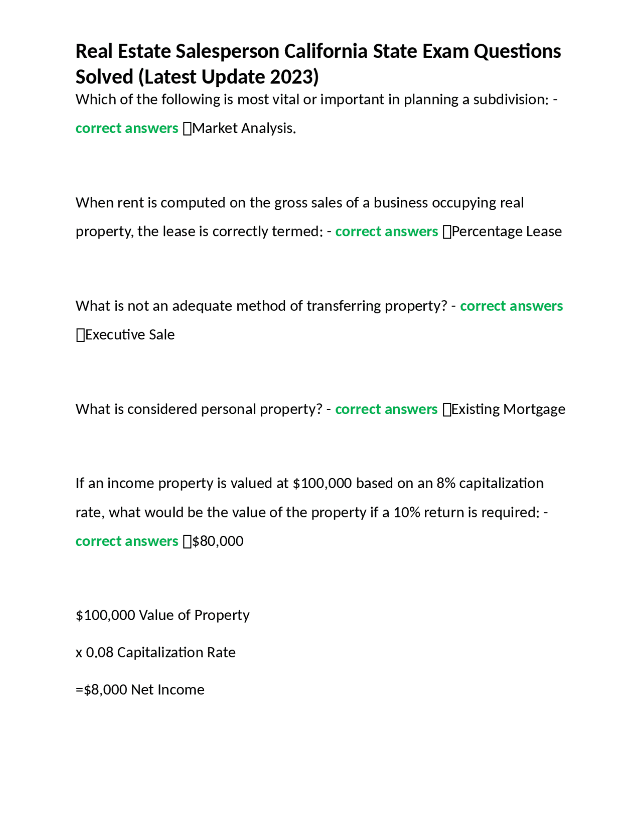 Real Estate Salesperson California State Exam Questions Solved (Latest ...