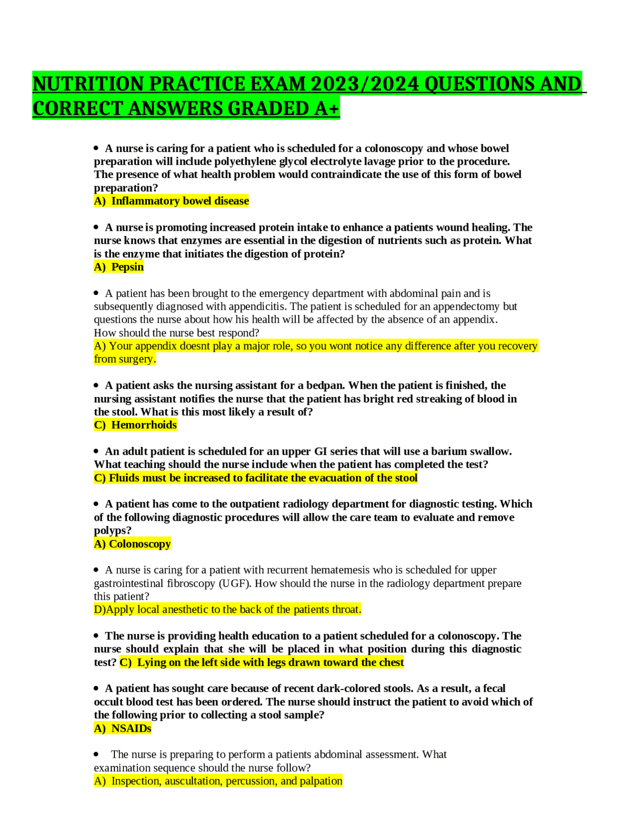 NUTRITION PRACTICE EXAM 2023/2024 QUESTIONS AND CORRECT ANSWERS GRADED ...