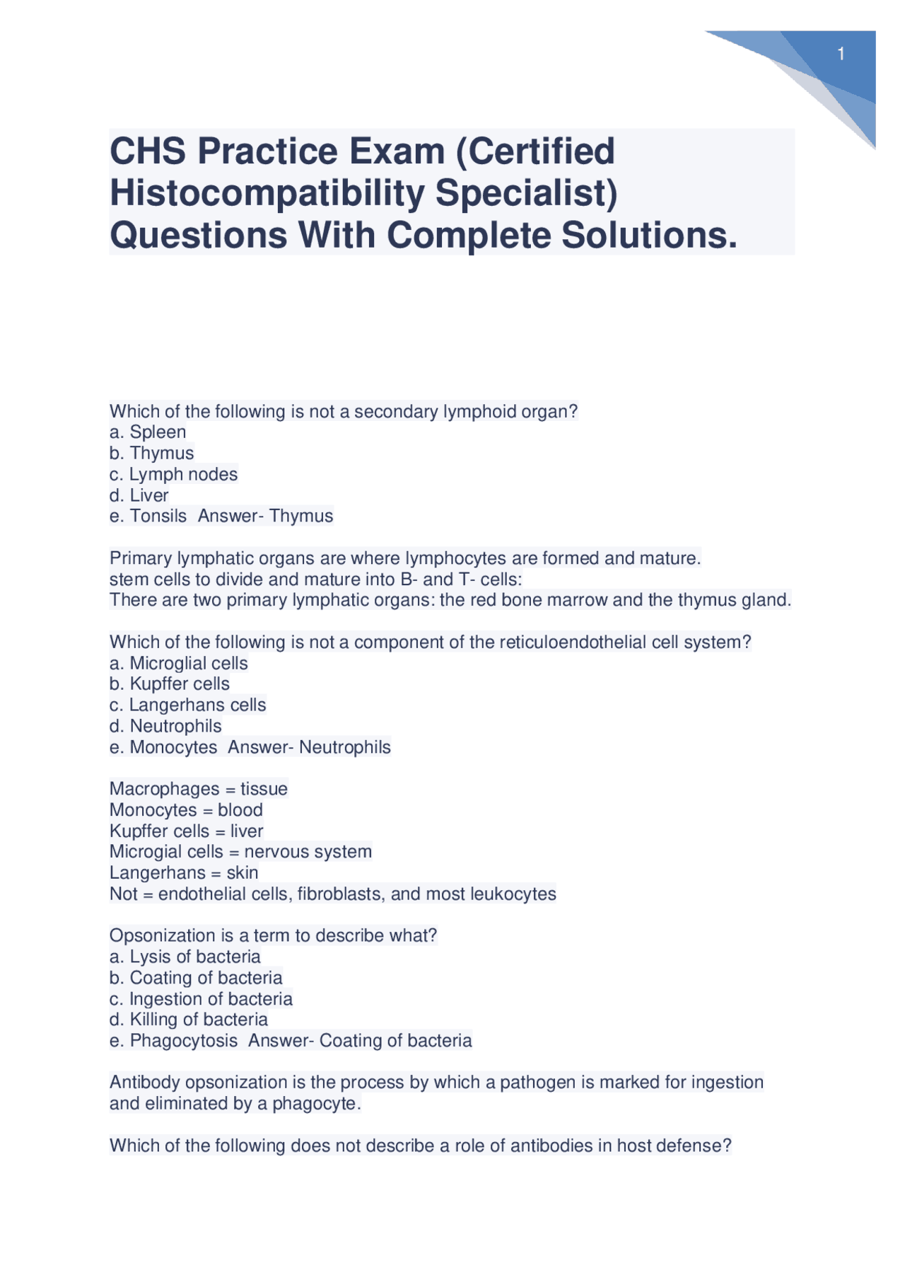 CHS Practice Exam (Certified Histocompatibility Specialist) Questions ...