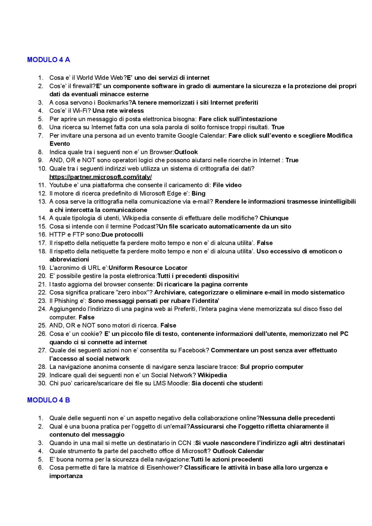 PANIERE EIRSAF-FULL MODULO 4 (AGGIORNATO 2024) | Panieri di Informatica | Docsity