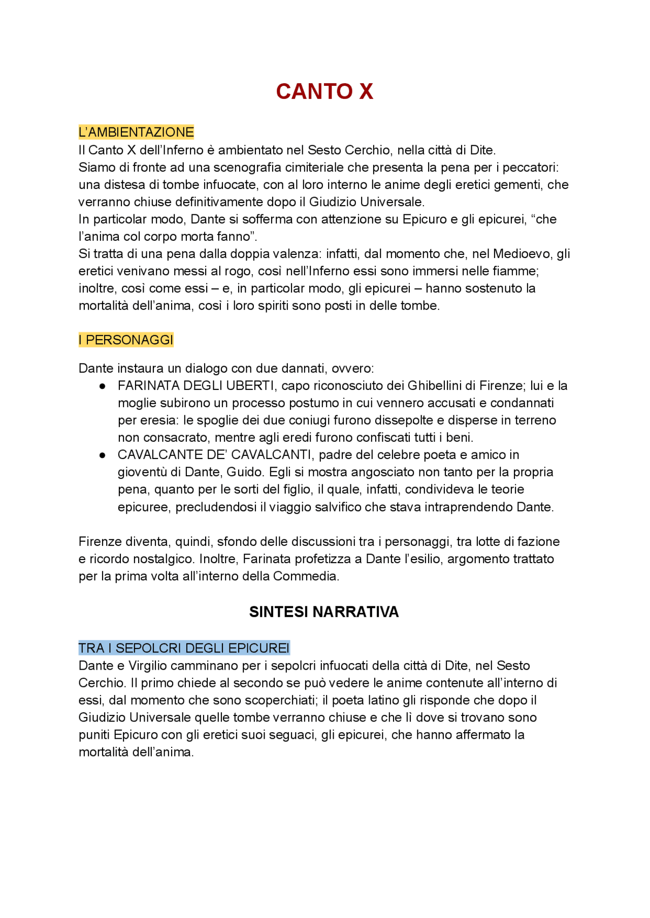 Inferno Dante riassunto | Schemi e mappe concettuali di Italiano | Docsity