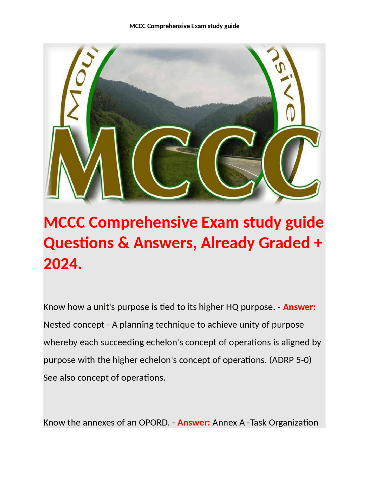 MCCC Comprehensive Exam study guide Questions & Answers, Already Graded + 2024. | Exams Nursing ...