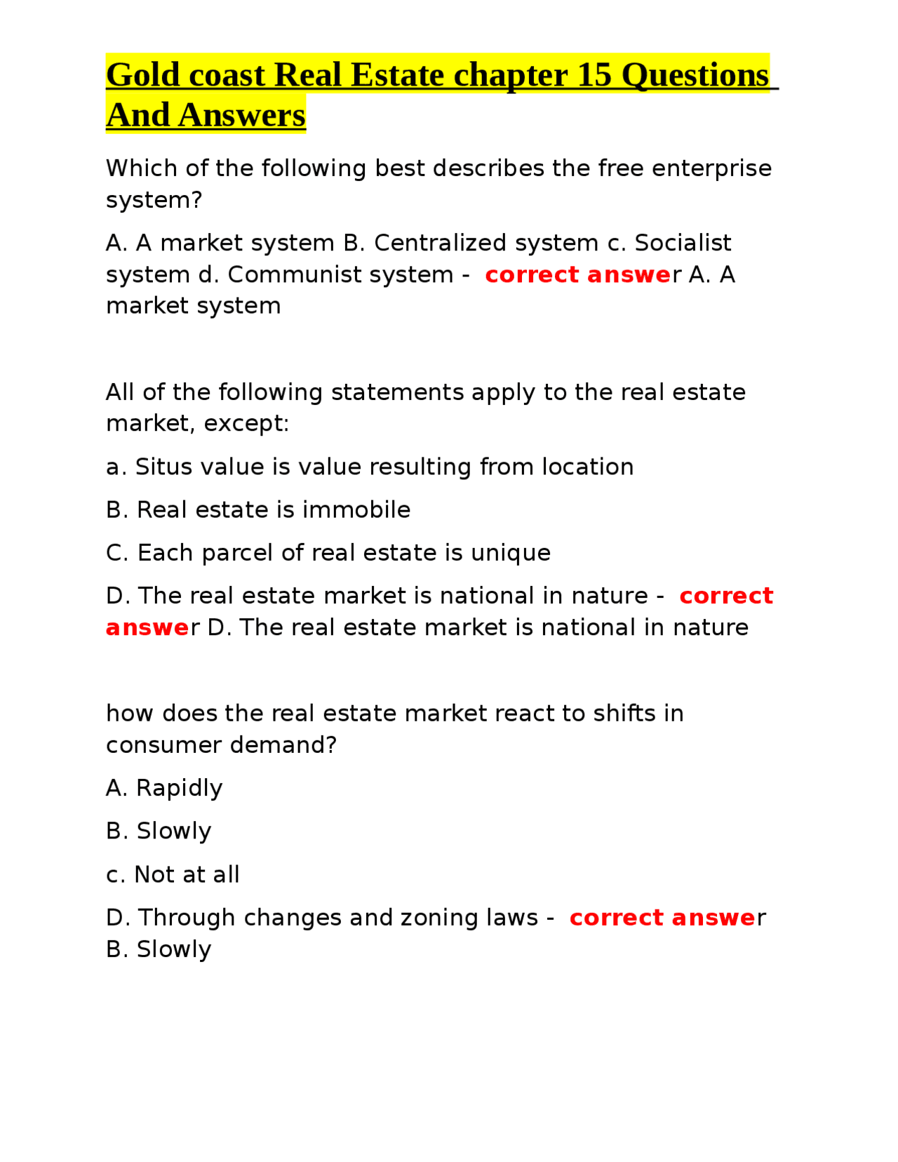 Real Estate Market Questions and Answers | Exams Real Estate Management ...