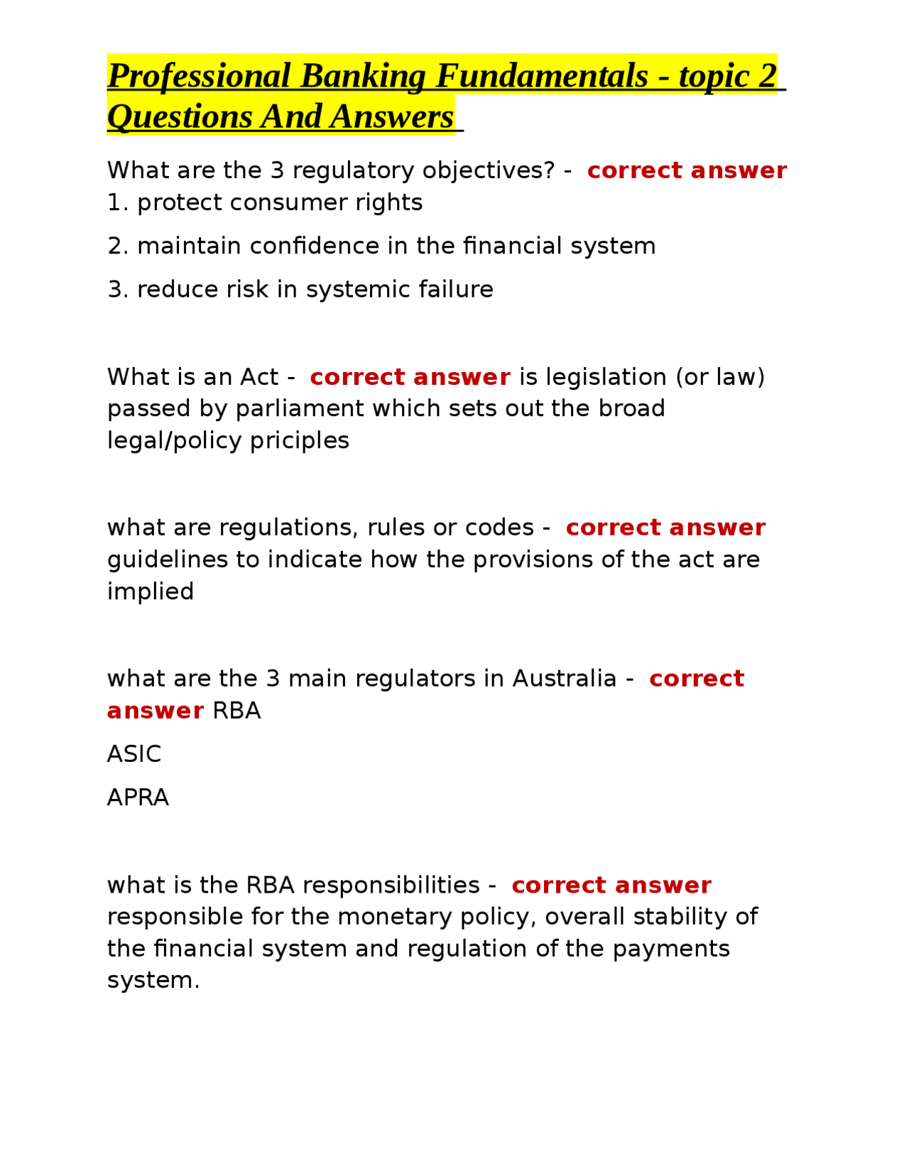 Professional Banking Fundamentals - topic 2 Questions And Answers ...