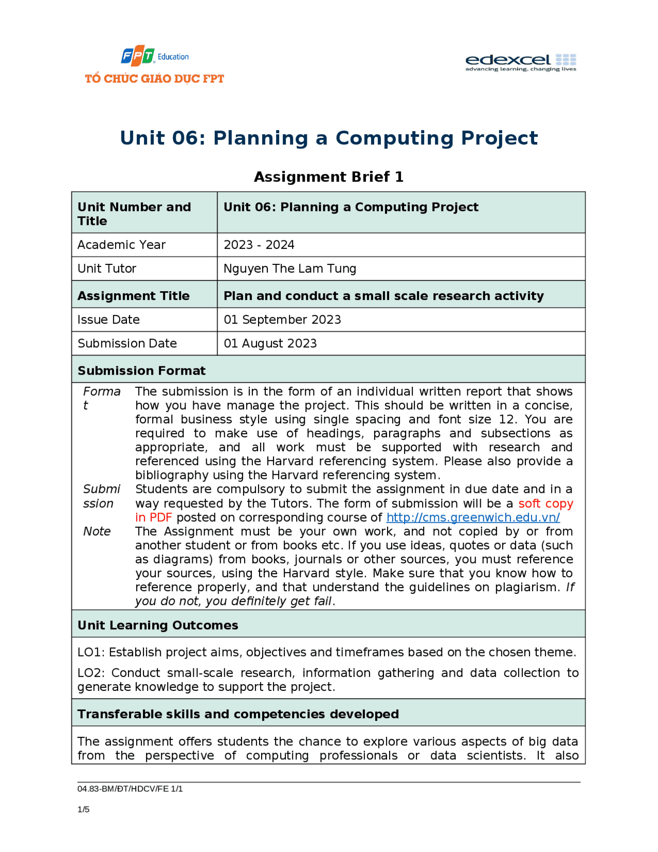 Planning a Computing Project: Assignment Brief 1 for Big Data Research - Prof. Tam Pm | Study ...