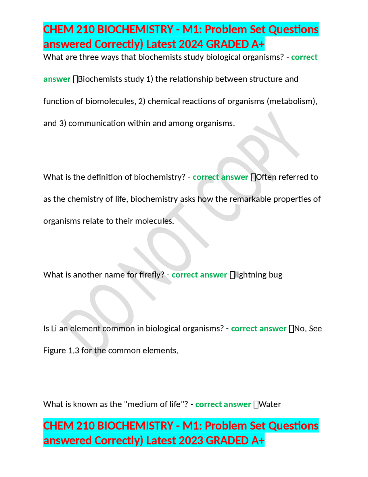 CHEM 210 BIOCHEMISTRY - M1: Problem Set Questions answered Correctly ...