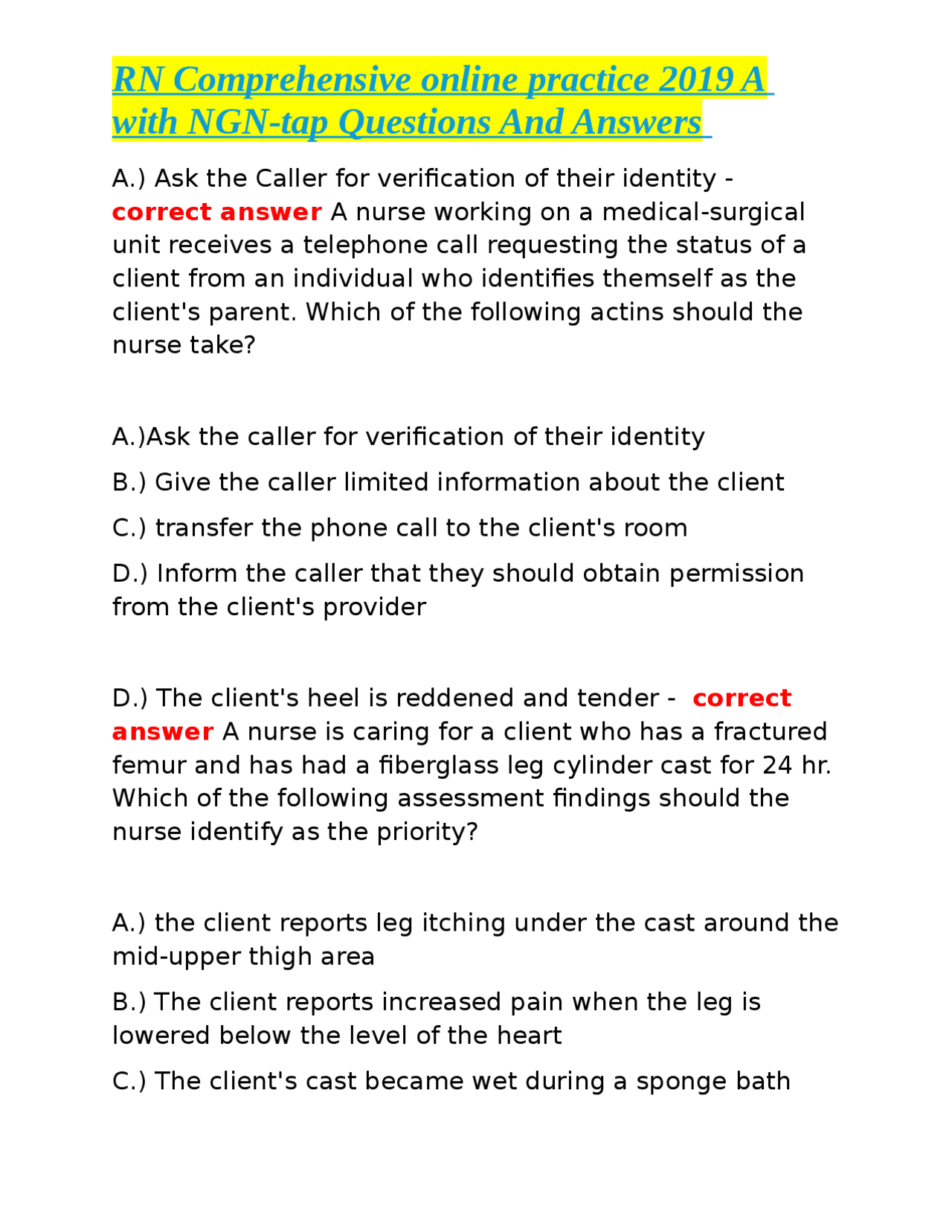 RN Comprehensive online practice 2019 A with NGN-tap Questions And ...