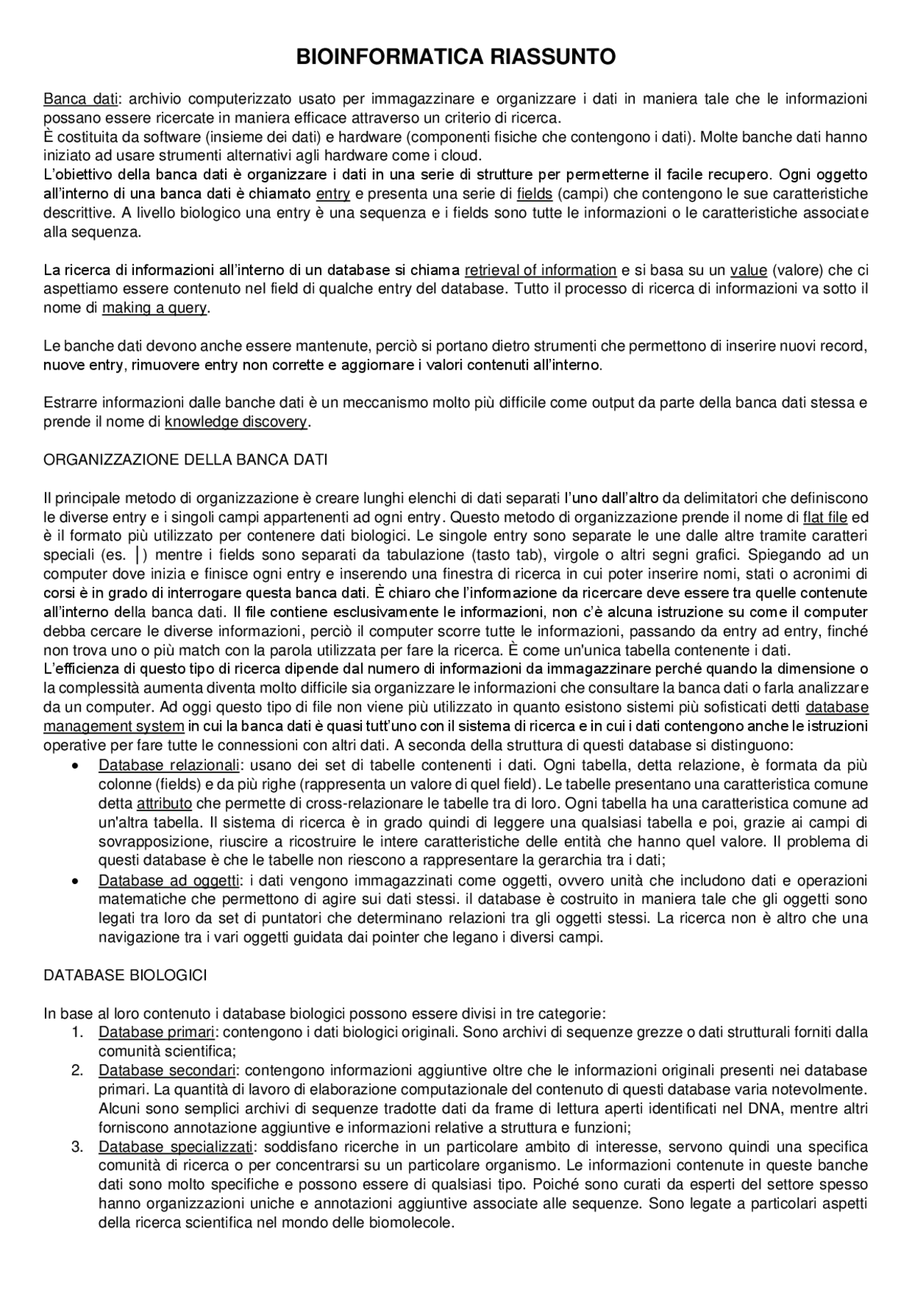 Bioinformatica riassunto | Appunti di Bioinformatica | Docsity