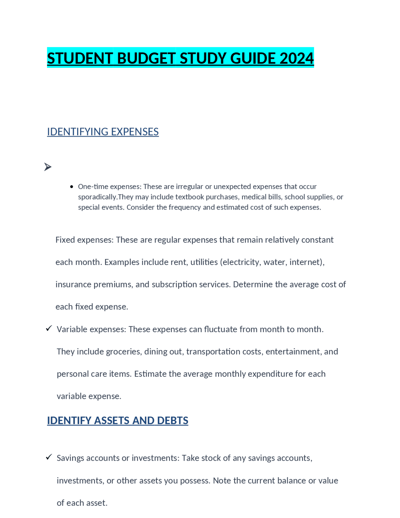STUDENT BUDGET STUDY GUIDE 2024 | Study notes Finance | Docsity