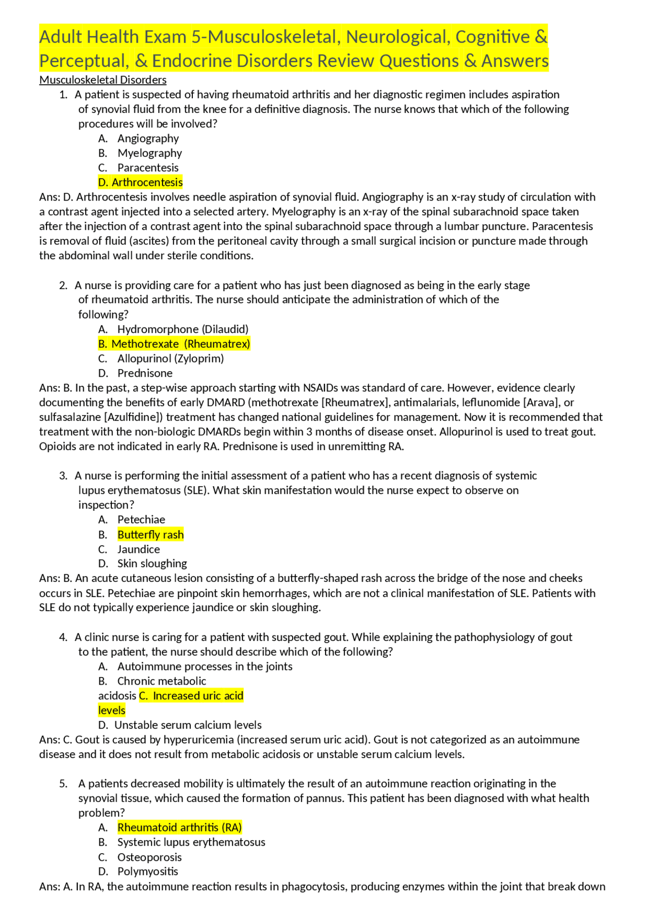 Musculoskeletal, Neurological, & Endocrine Disorders Review | Exams ...