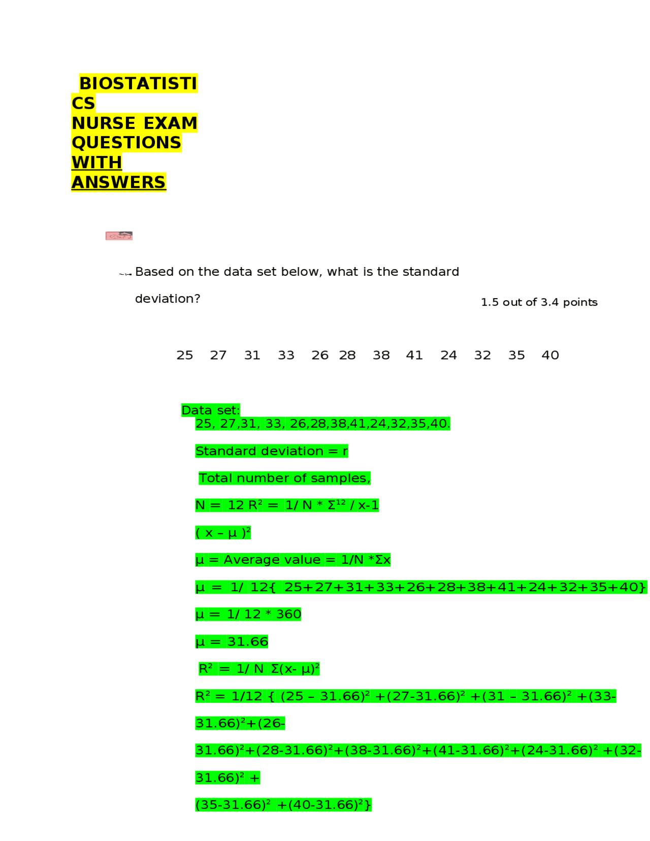 Biostatistics Nurse Exam Questions with Answers | Exams Nursing | Docsity