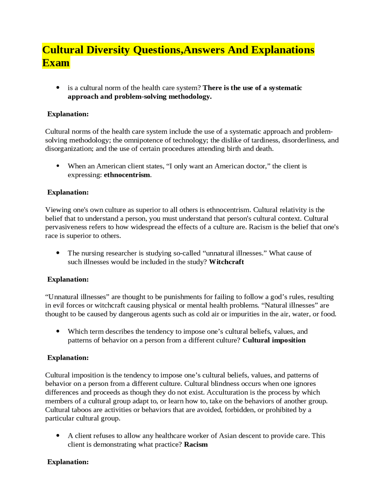 Cultural Diversity Questions,Answers And Explanations Exam | Exams ...