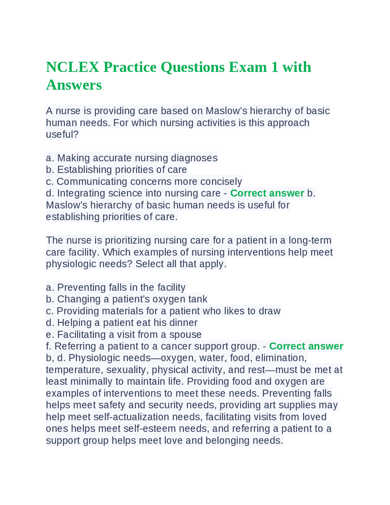NCLEX Practice Questions Exam 1 with Answers | Exams Nursing | Docsity