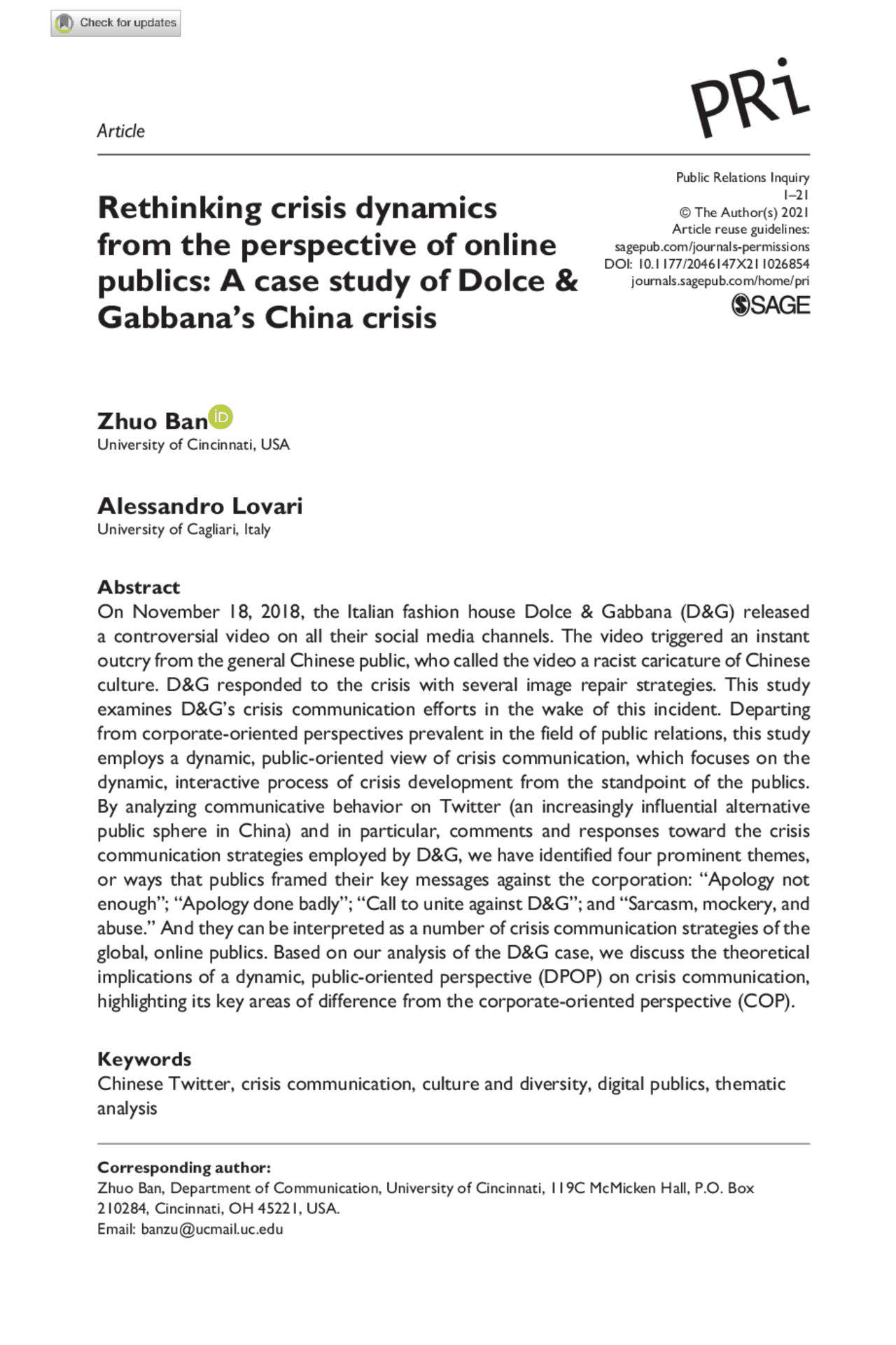 Dynamic Perspectives of Crisis Communication: A Public-Oriented ...