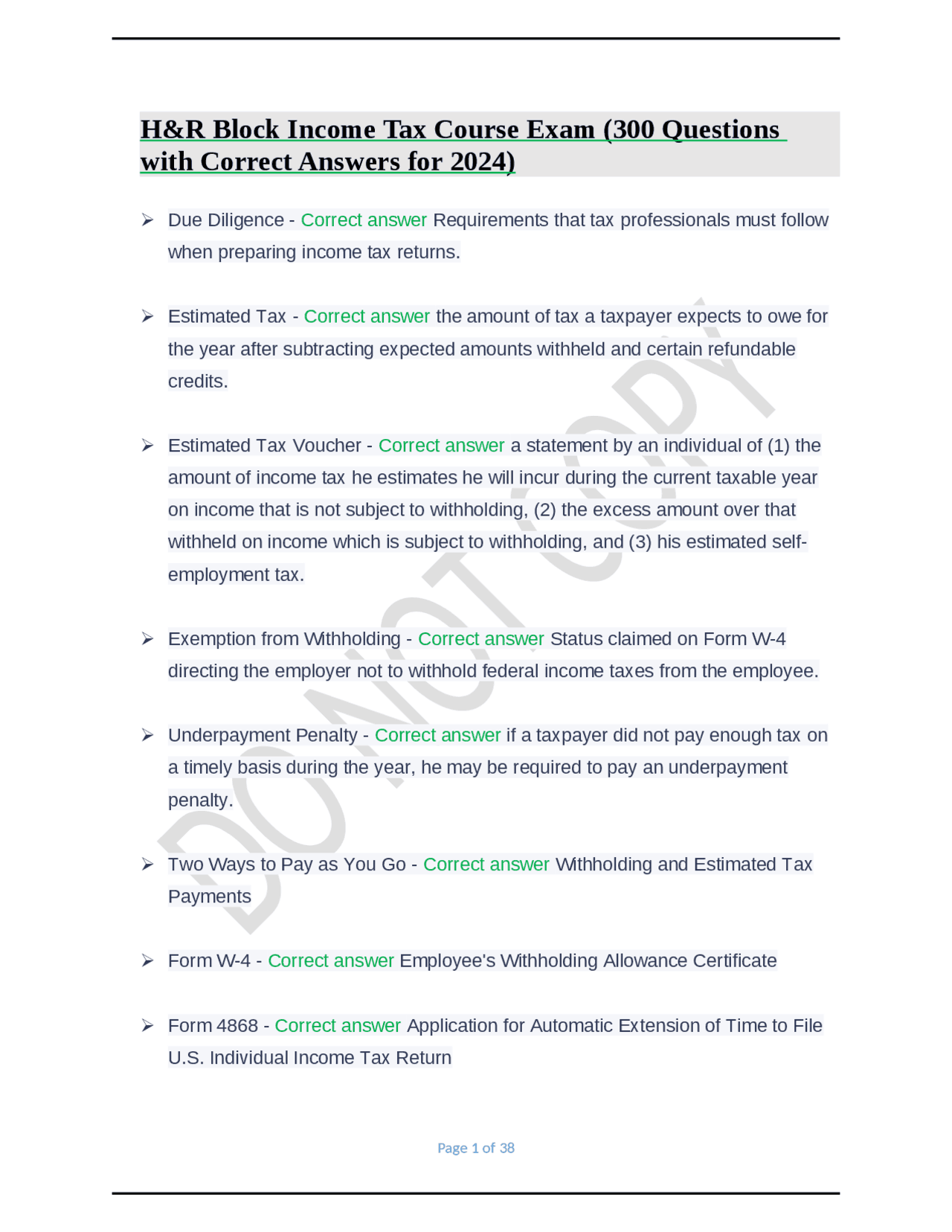 H&R Block Income Tax Course Exam (300 Questions with Correct Answers for 2024) | Exams Finance ...