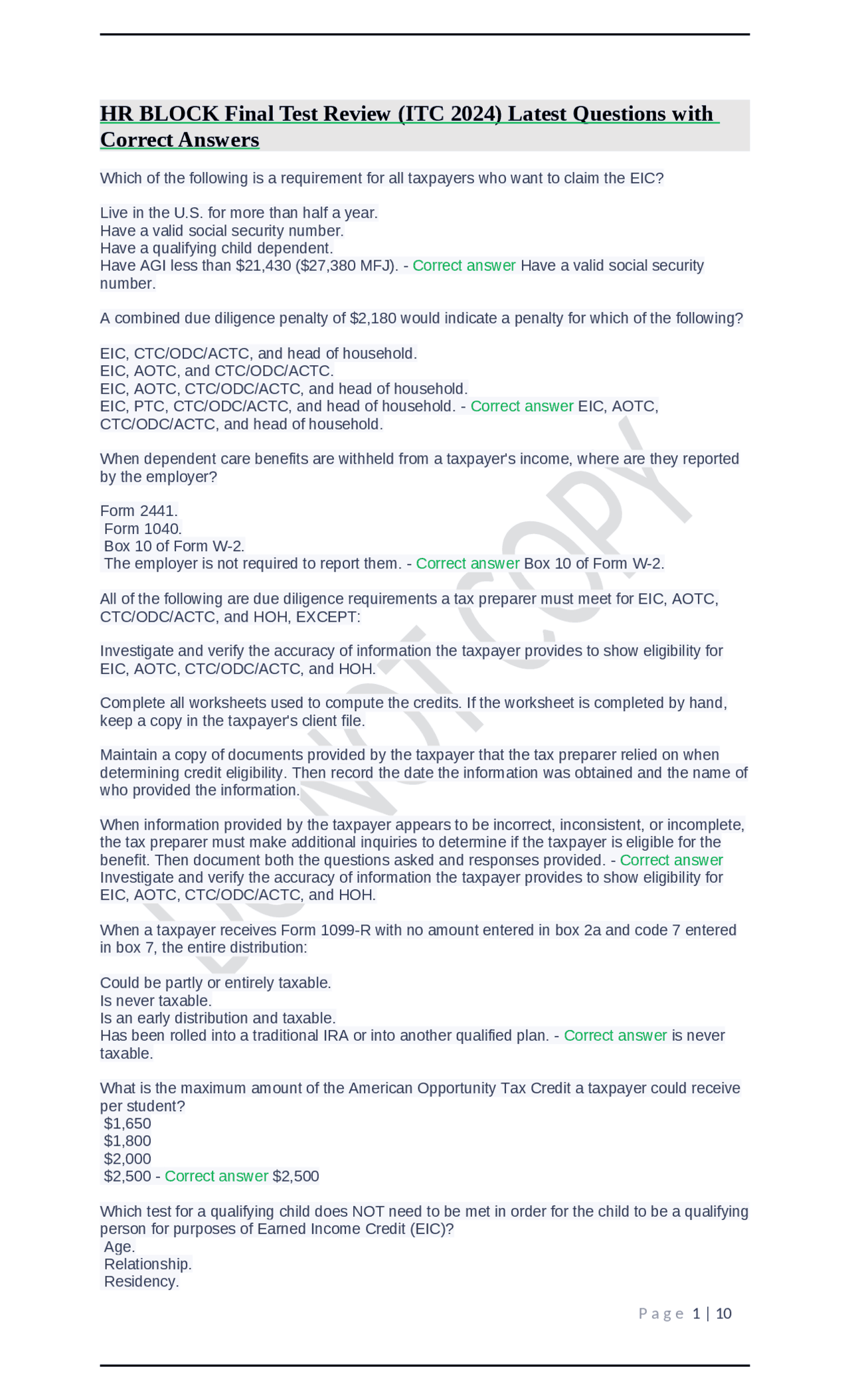 HR BLOCK Final Test Review (ITC 2024) Latest Questions with Correct ...