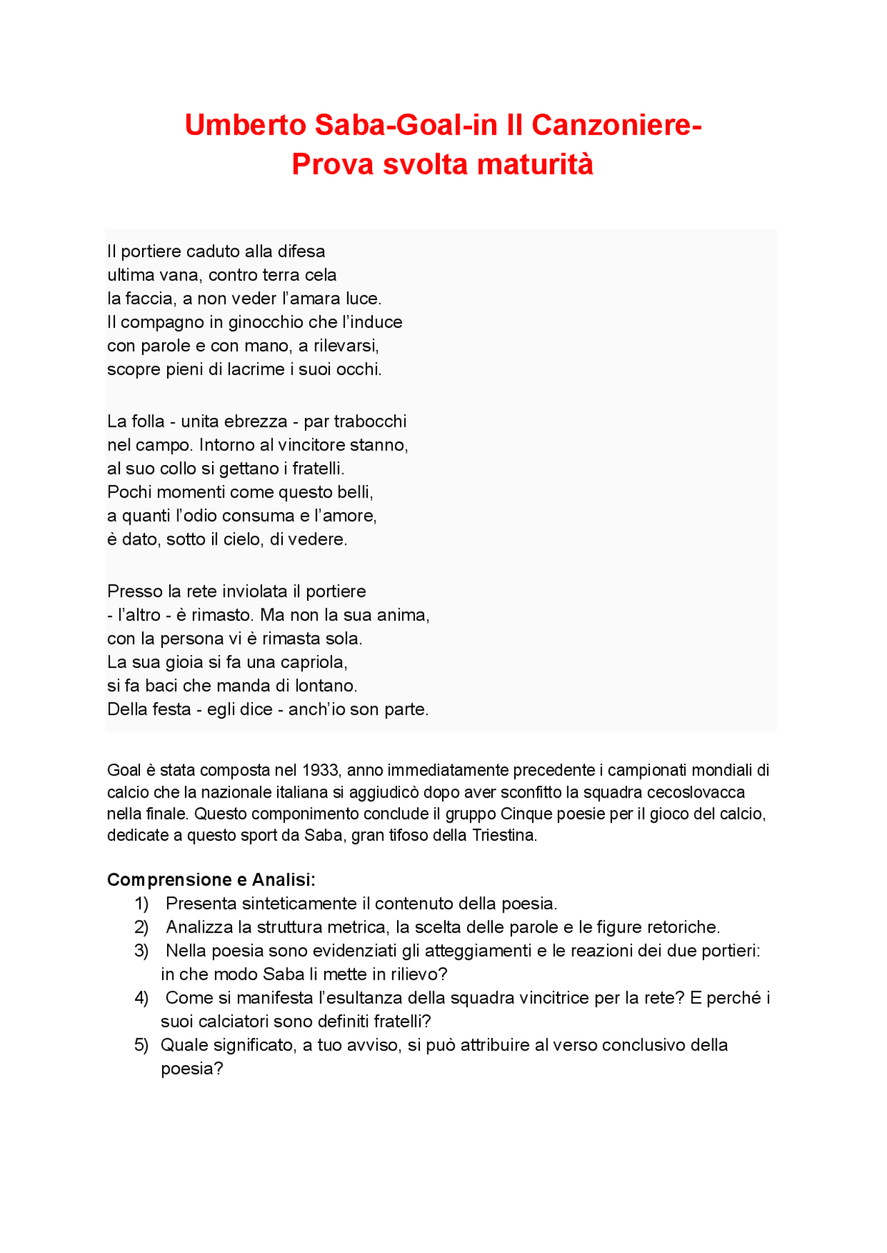 Goal- Umberto Saba-in Il Canzoniere-Prova svolta maturità | Prove ...