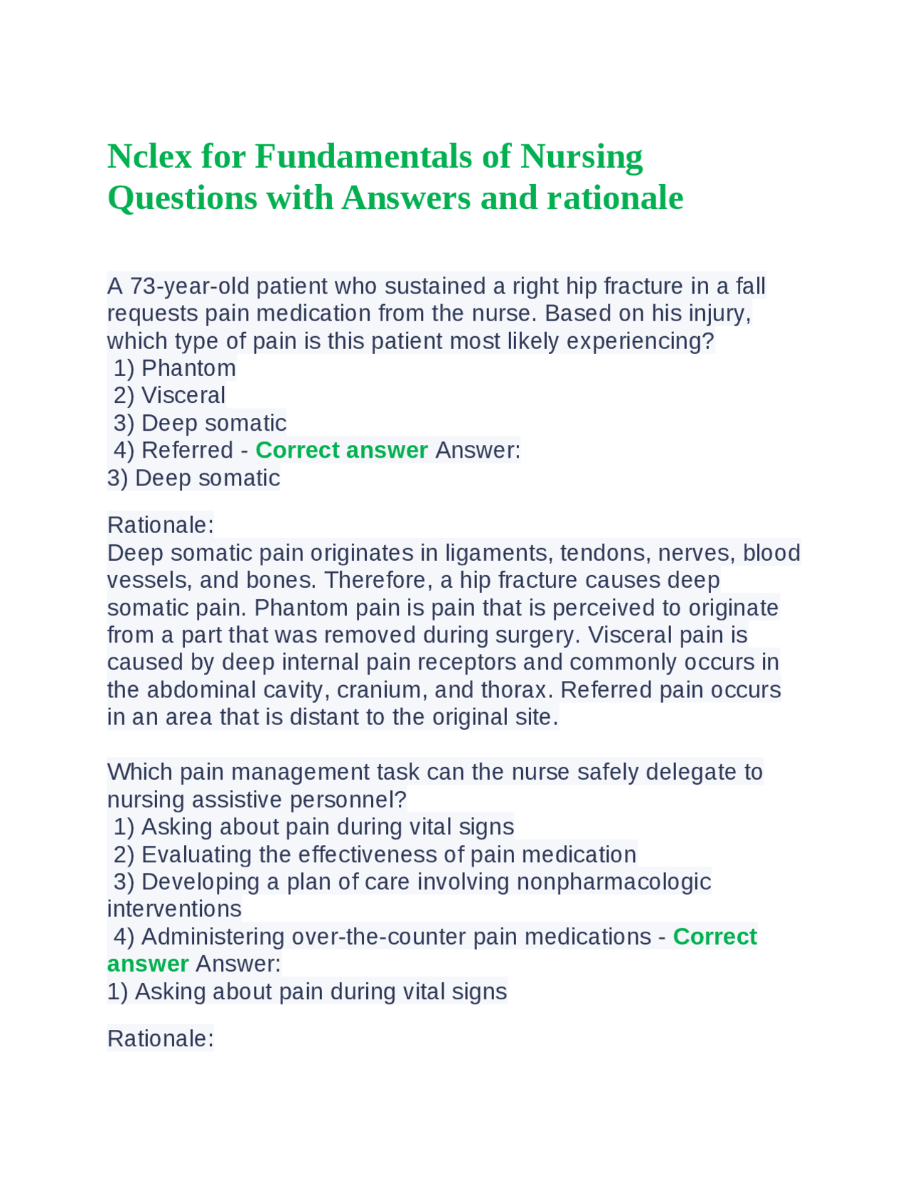 Nclex for Fundamentals of Nursing Questions with Answers and rationale ...