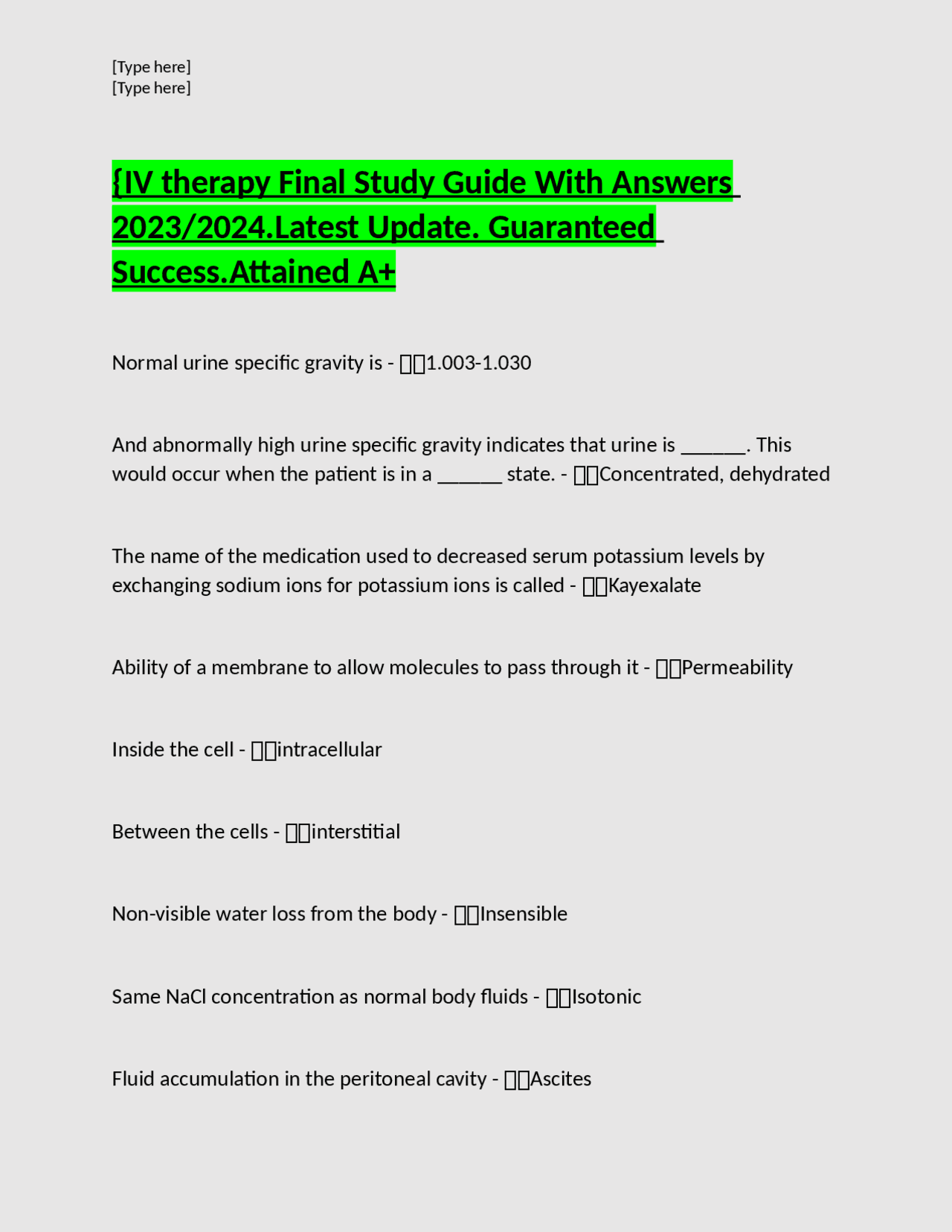 {{IV therapy Final Study Guide With Answers 2023/2024.Latest Update ...