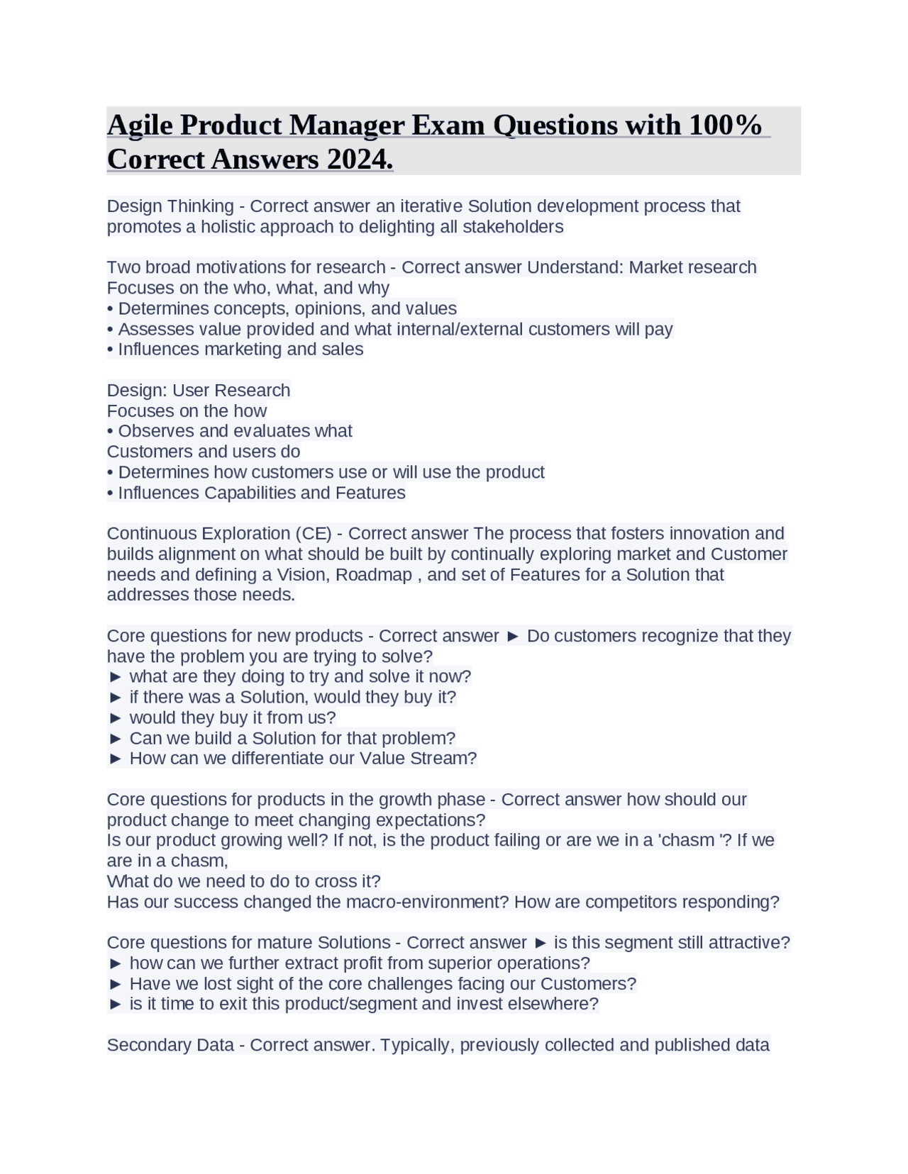 Agile Product Manager Exam Questions with 100% Correct Answers 2024 ...