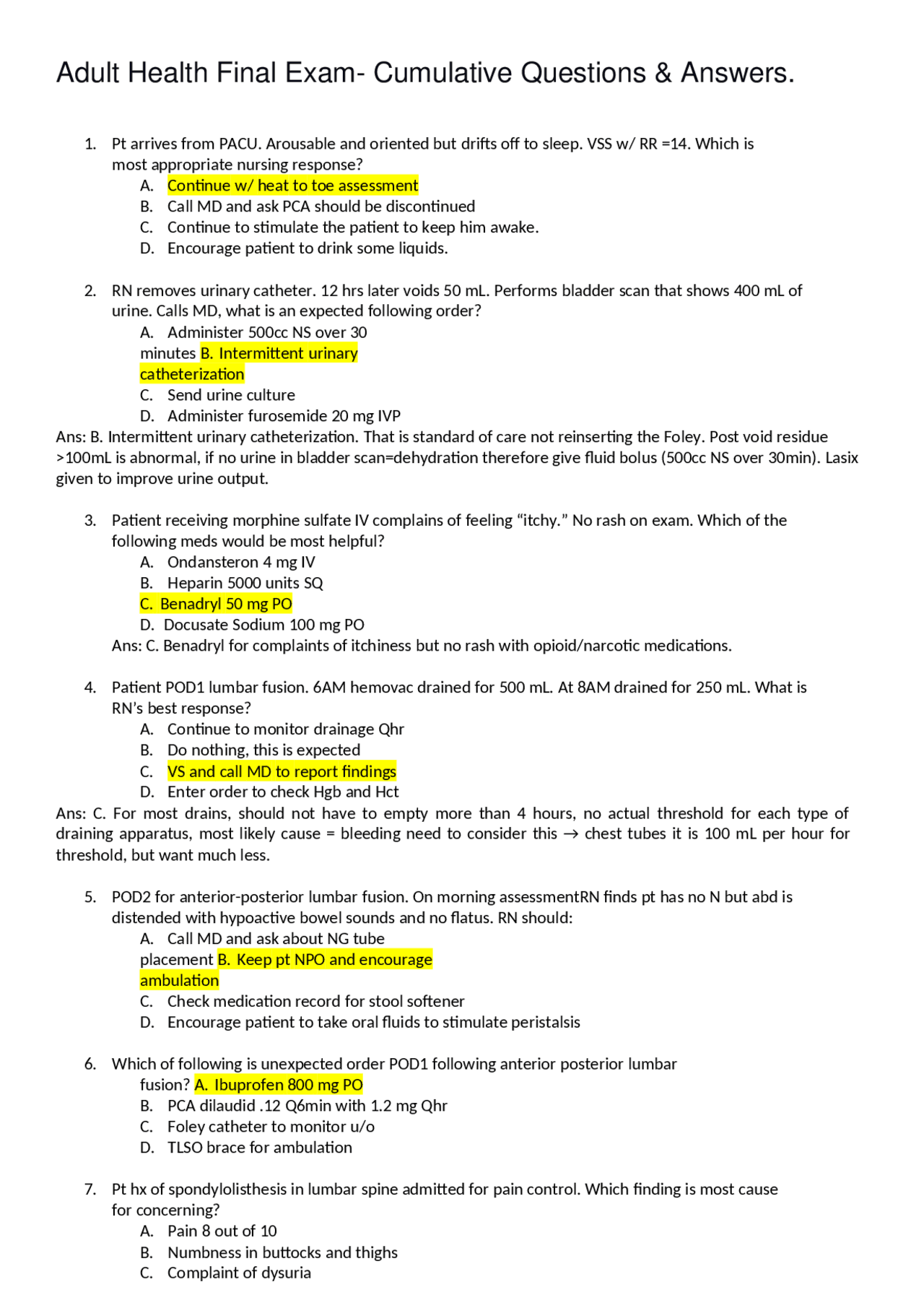 Adult Health Final Exam- Cumulative Questions & Answers. | Exams ...