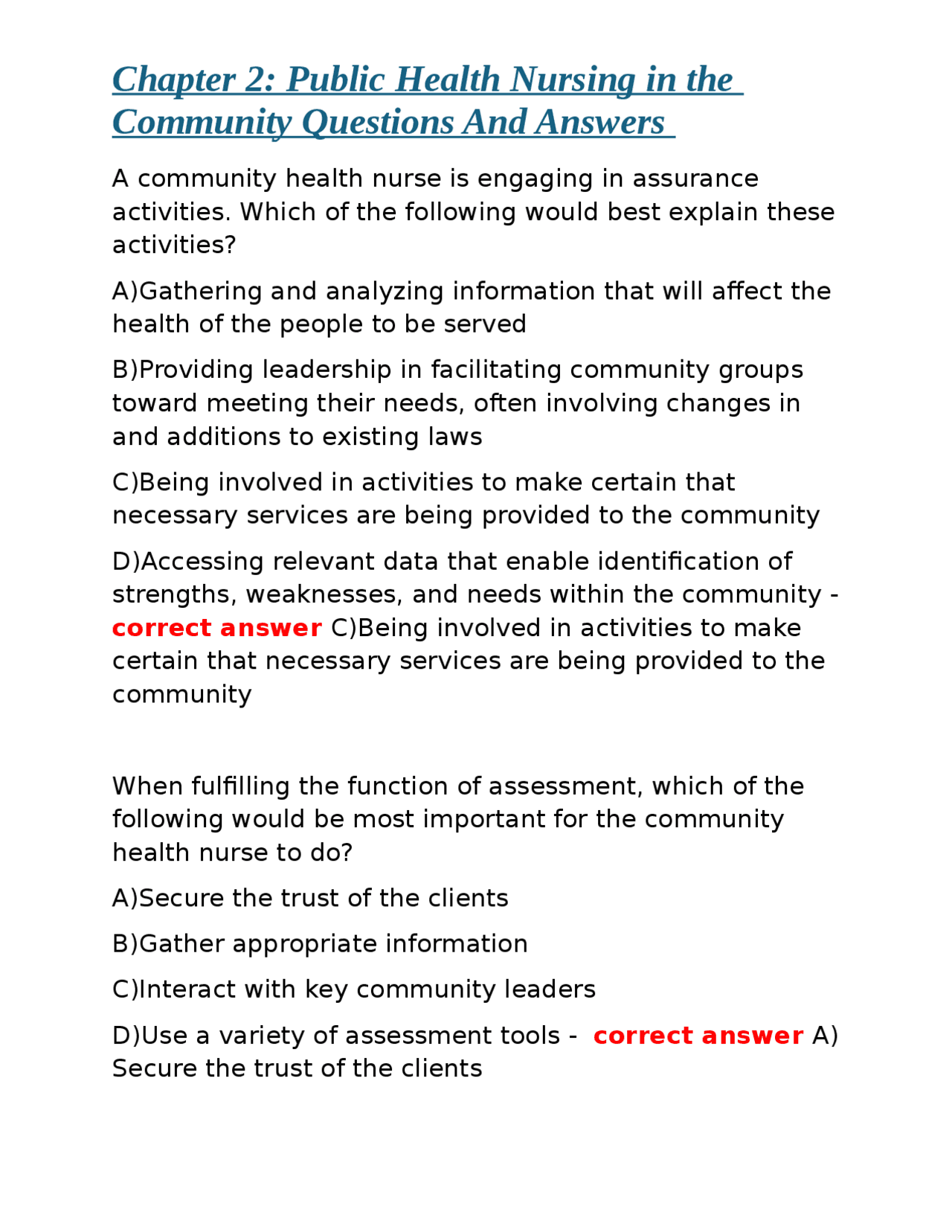 Chapter 2: Public Health Nursing in the Community Questions And Answers ...