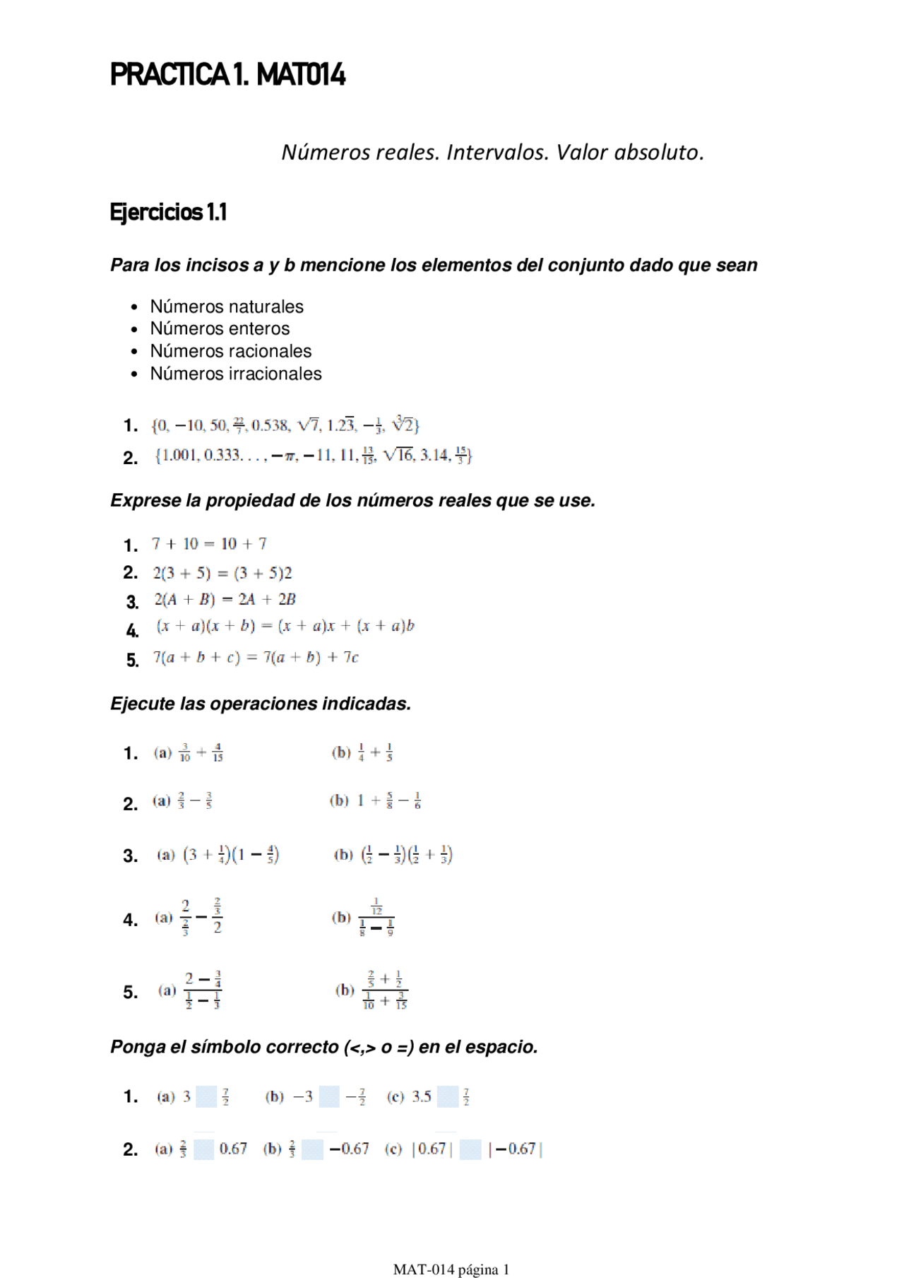 PRACTICA 1 MAT014 SEMESTRE 2023 | Exámenes de Matemáticas | Docsity